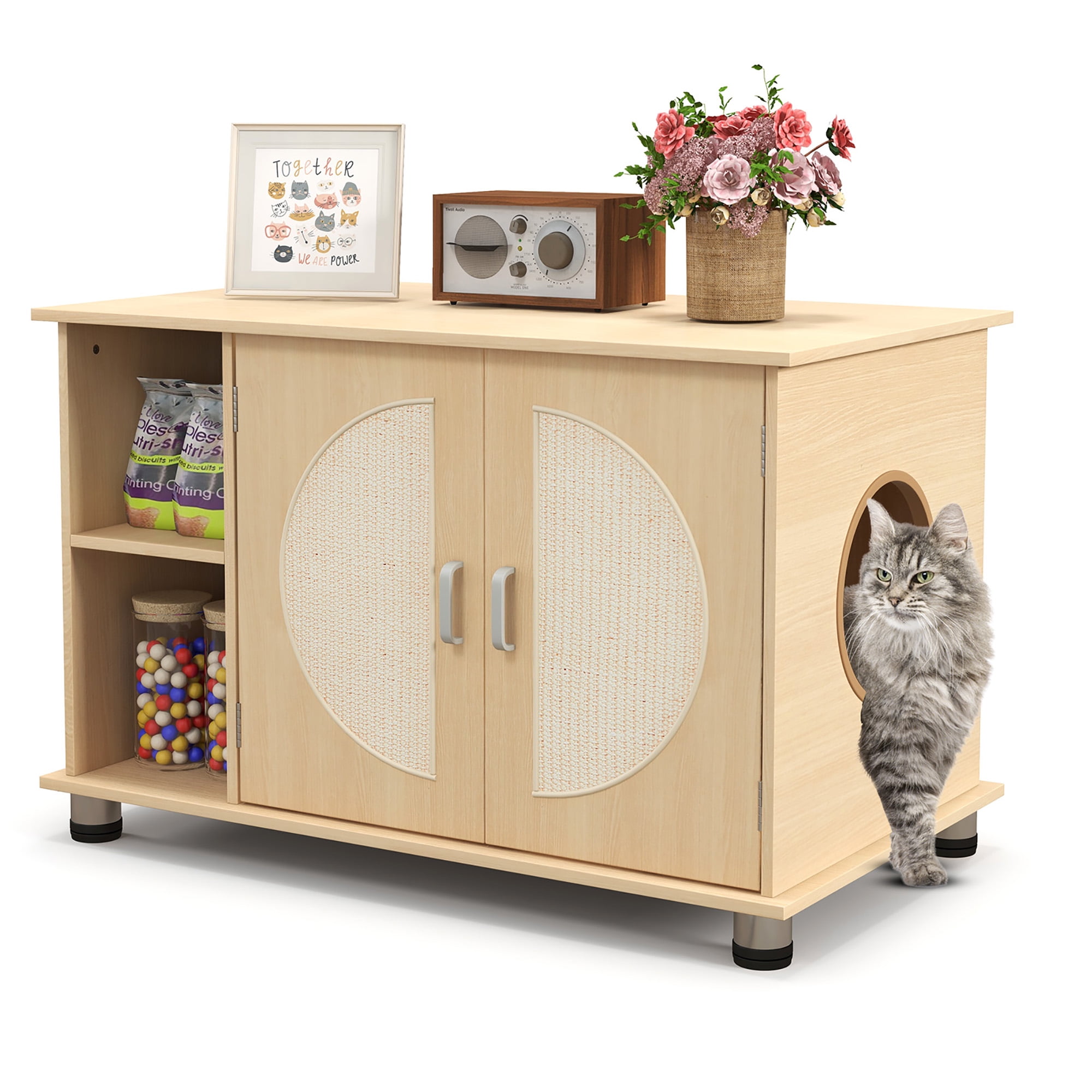 Gymax Cat Litter Box Enclosure w/ Sisal Scratching Doors Storage ...