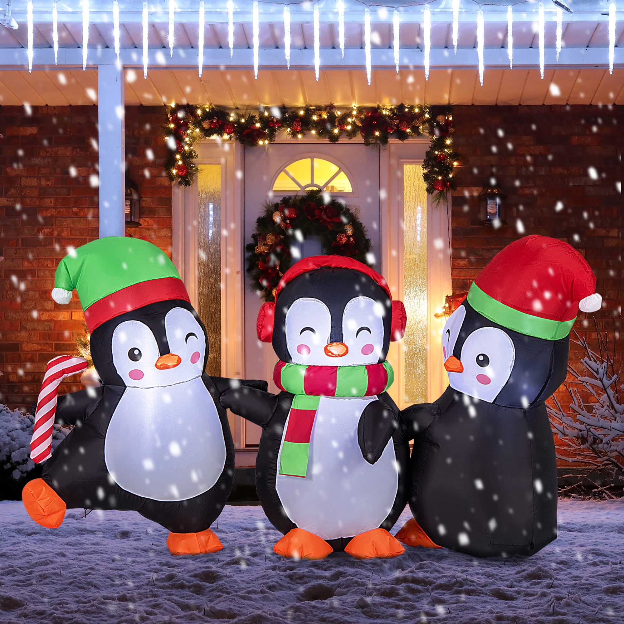 Gymax Christmas Inflatable Penguins Family Pre-Lit Festive Inflatable w ...