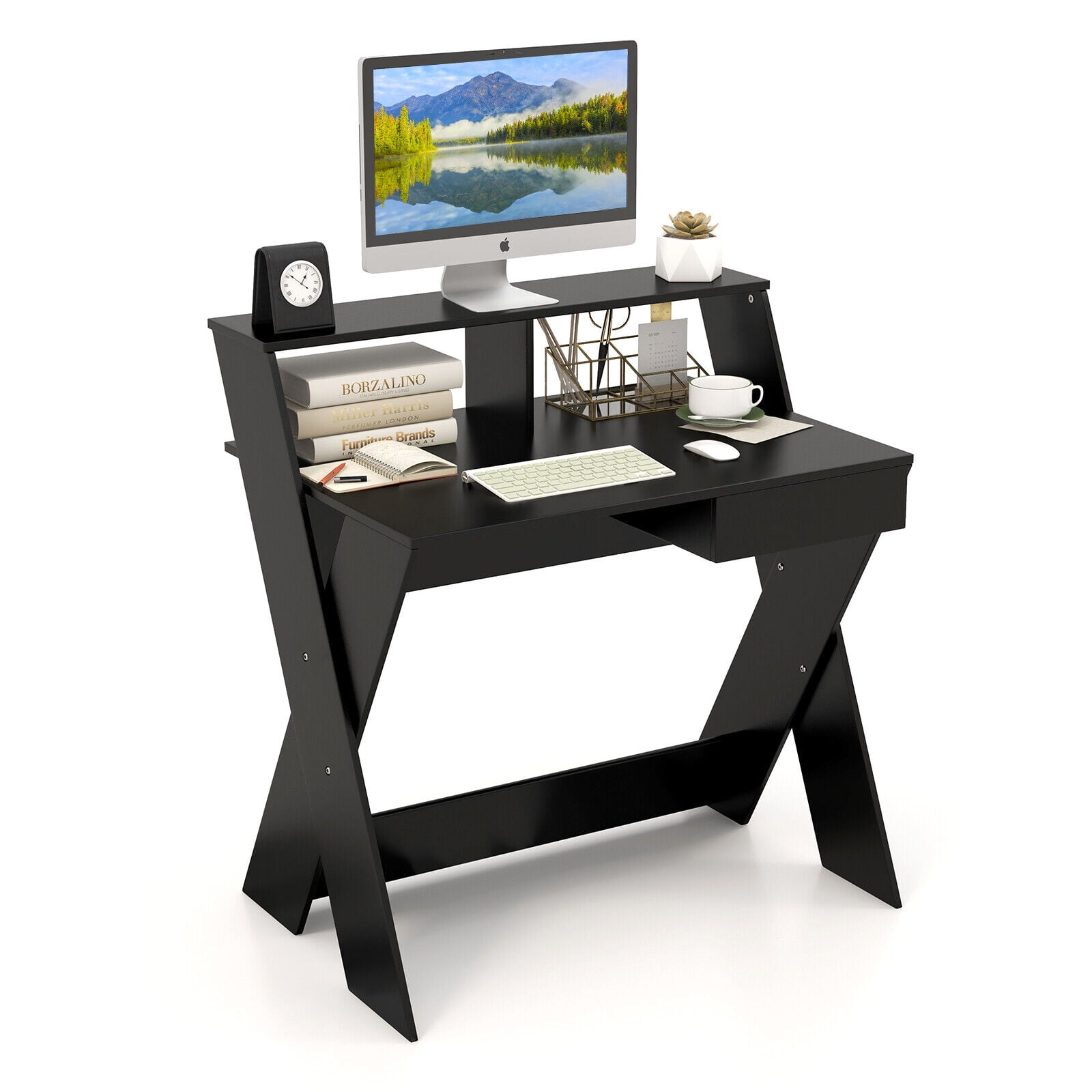 Gymax Computer Desk Study Writing Table Small Space w/ Drawer & Monitor ...