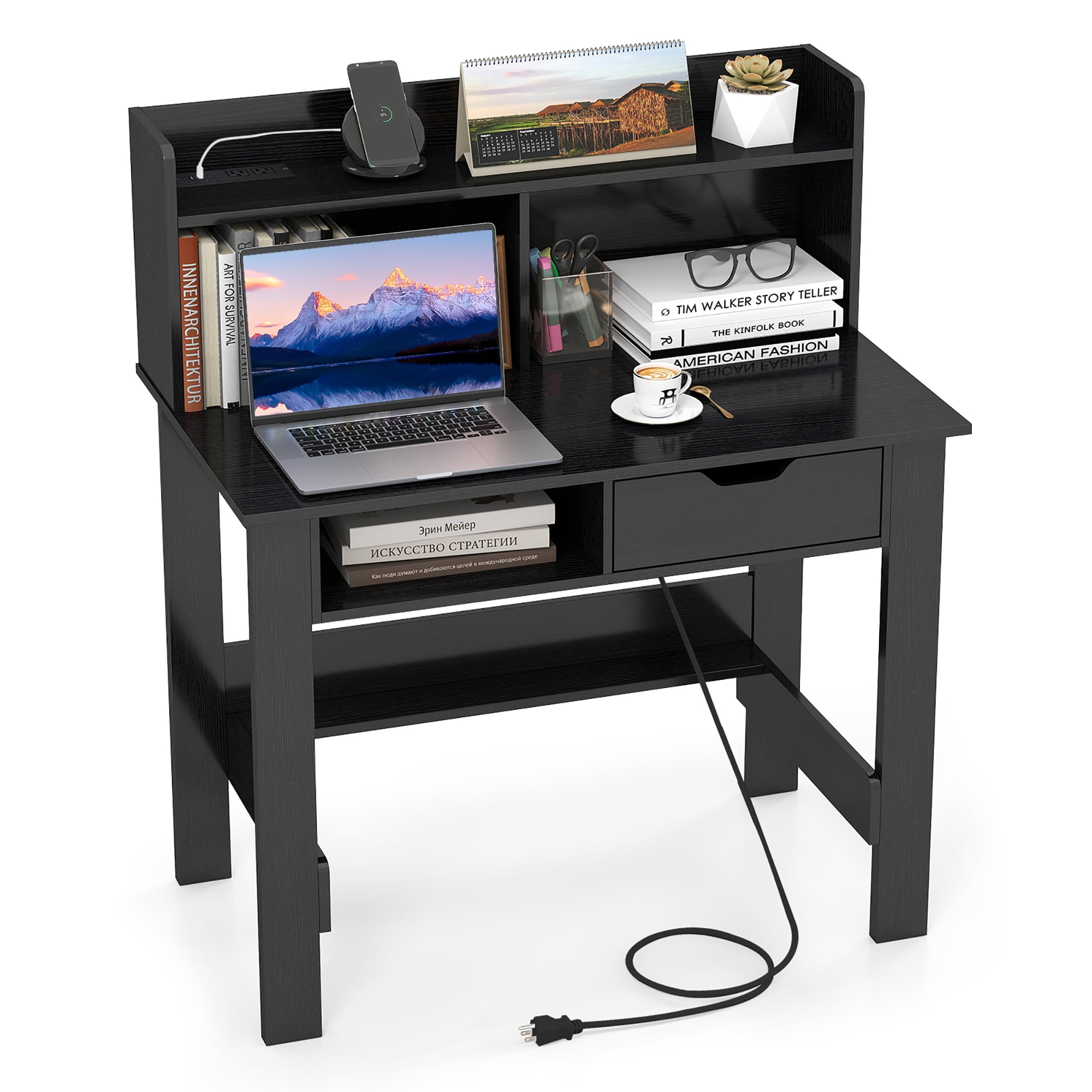 Gymax Computer Desk w/ Power Outlets & USB Ports & Type-C Hutch Open ...