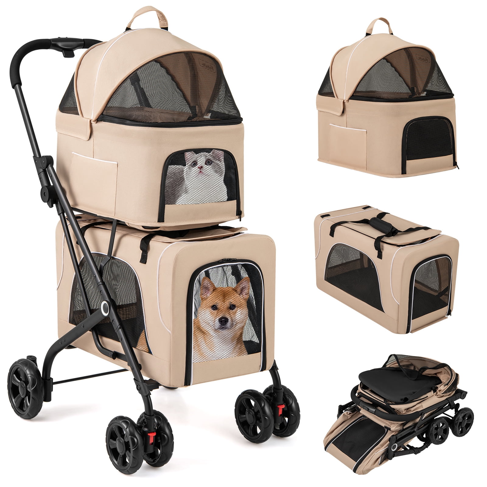 Gymax Double Pet Stroller for 2 Dogs or Cats w/ 2 Detachable Carriers ...