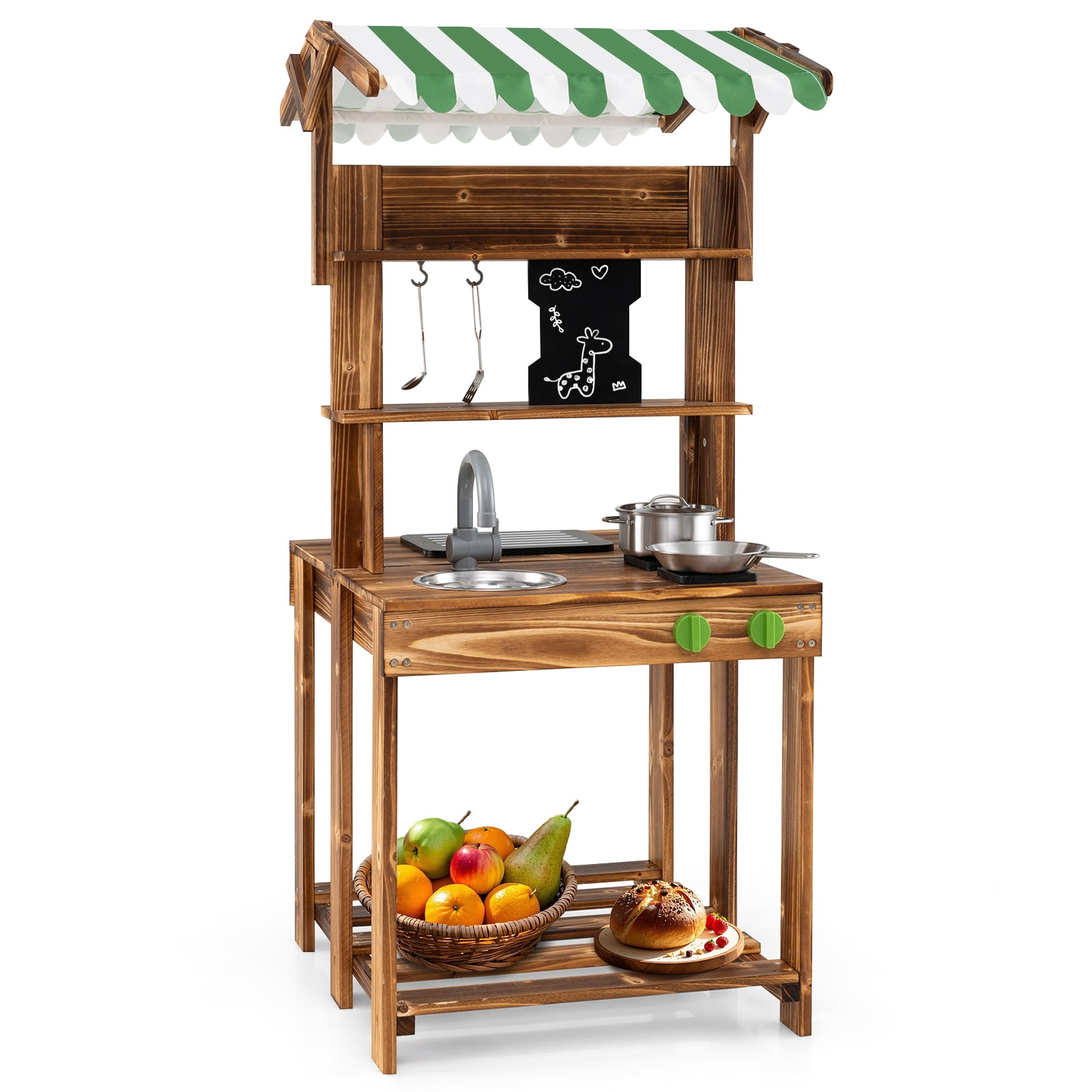 Gymax Double-Sided Mud Kitchen w/ Canopy Chalkboard Sink & Faucet ...