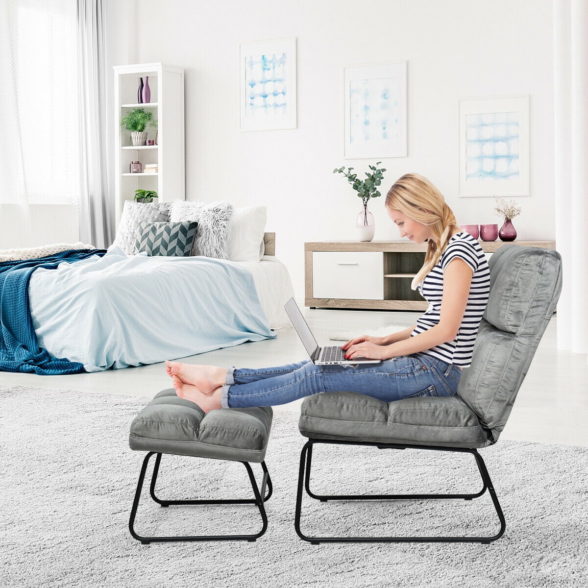 Gymax Electric Massage Chair Vibrating Velvet Sofa with Ottoman and ...