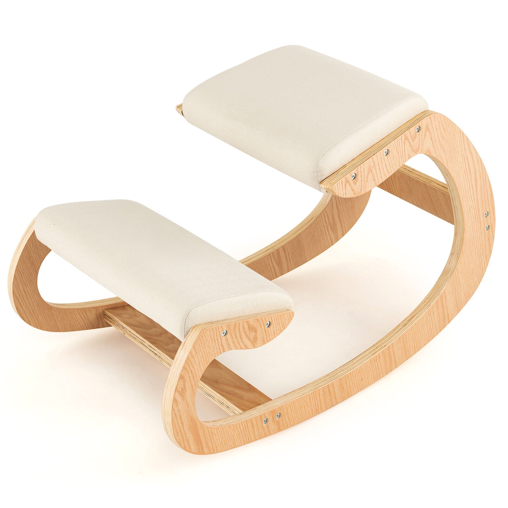 Gymax Ergonomic Kneeling Chair, Wood Rocking Design, Upholstered Beige ...