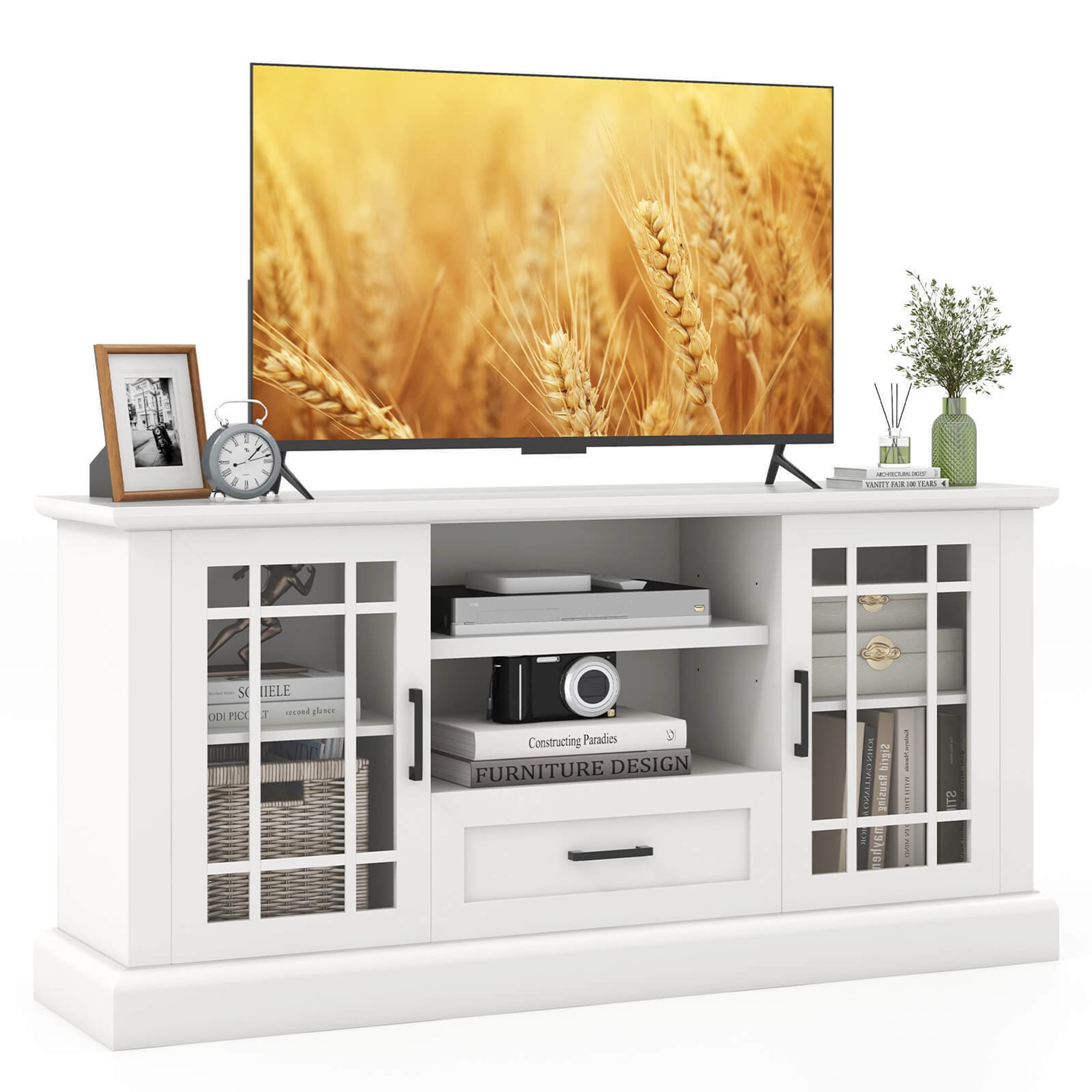 Gymax Farmhouse TV Stand for TVs up to 70'' Media Center w/Glass Doors ...