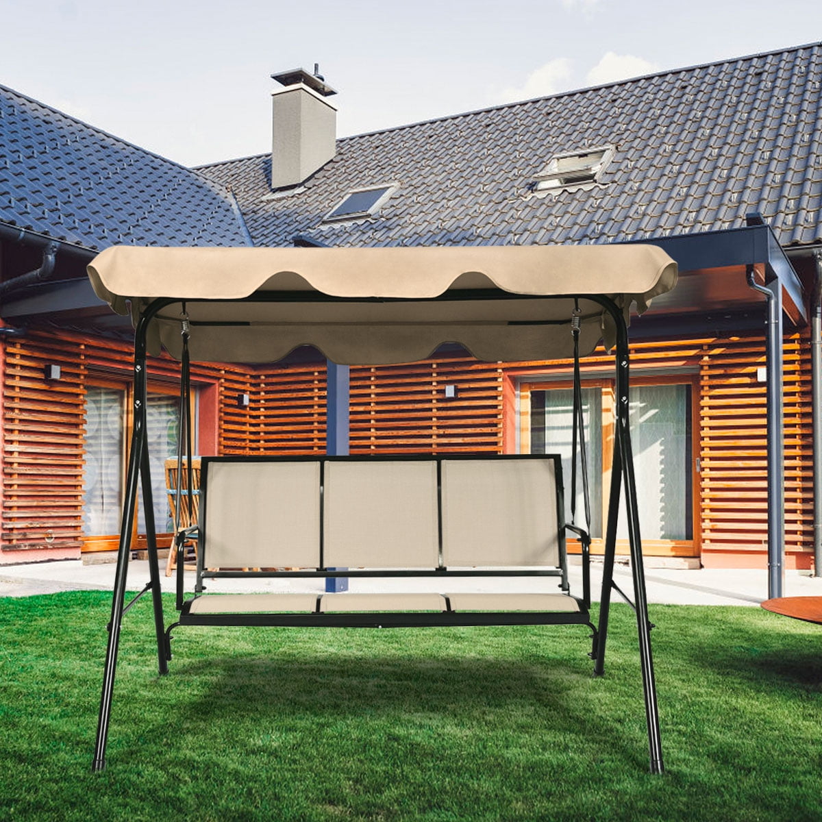 Gymax Fashion Brown Outdoor Swing Canopy Patio Swing Chair 3 Person ...