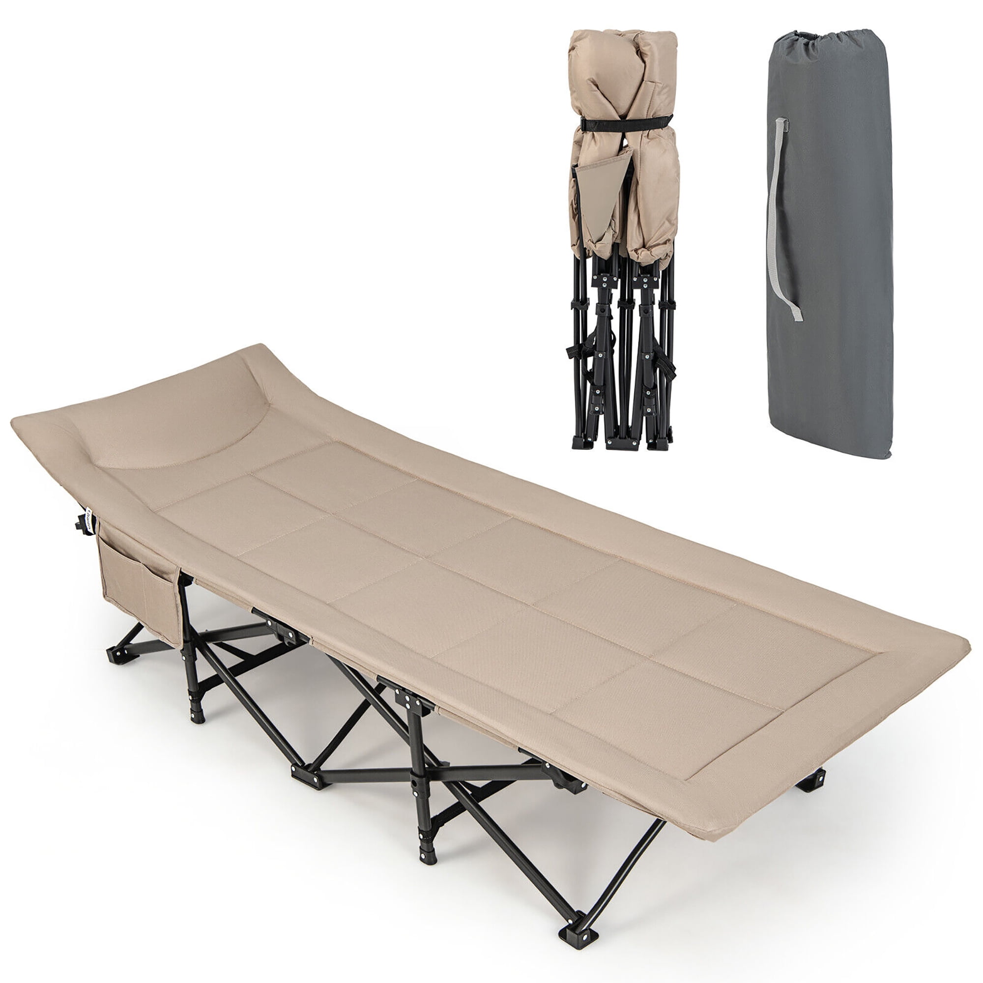 Gymax Adult's Portable Folding Camping Cot with Cushion Headrest, Khaki ...