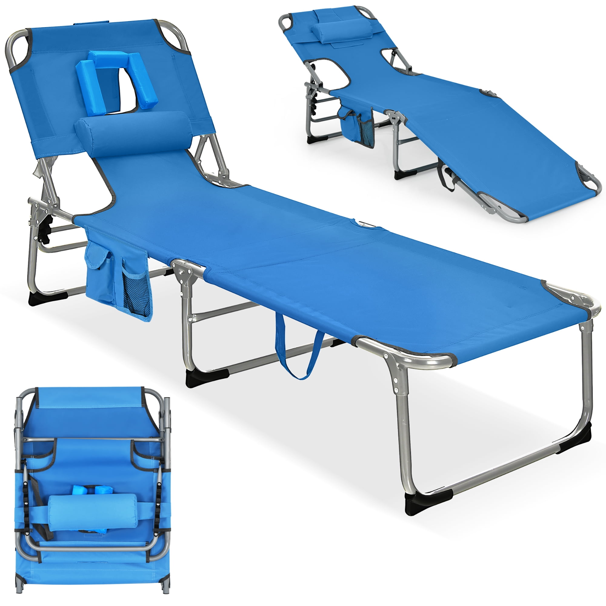 Gymax Folding Chaise Lounge Chair, 5-Position Adjustable Recliner, Blue ...