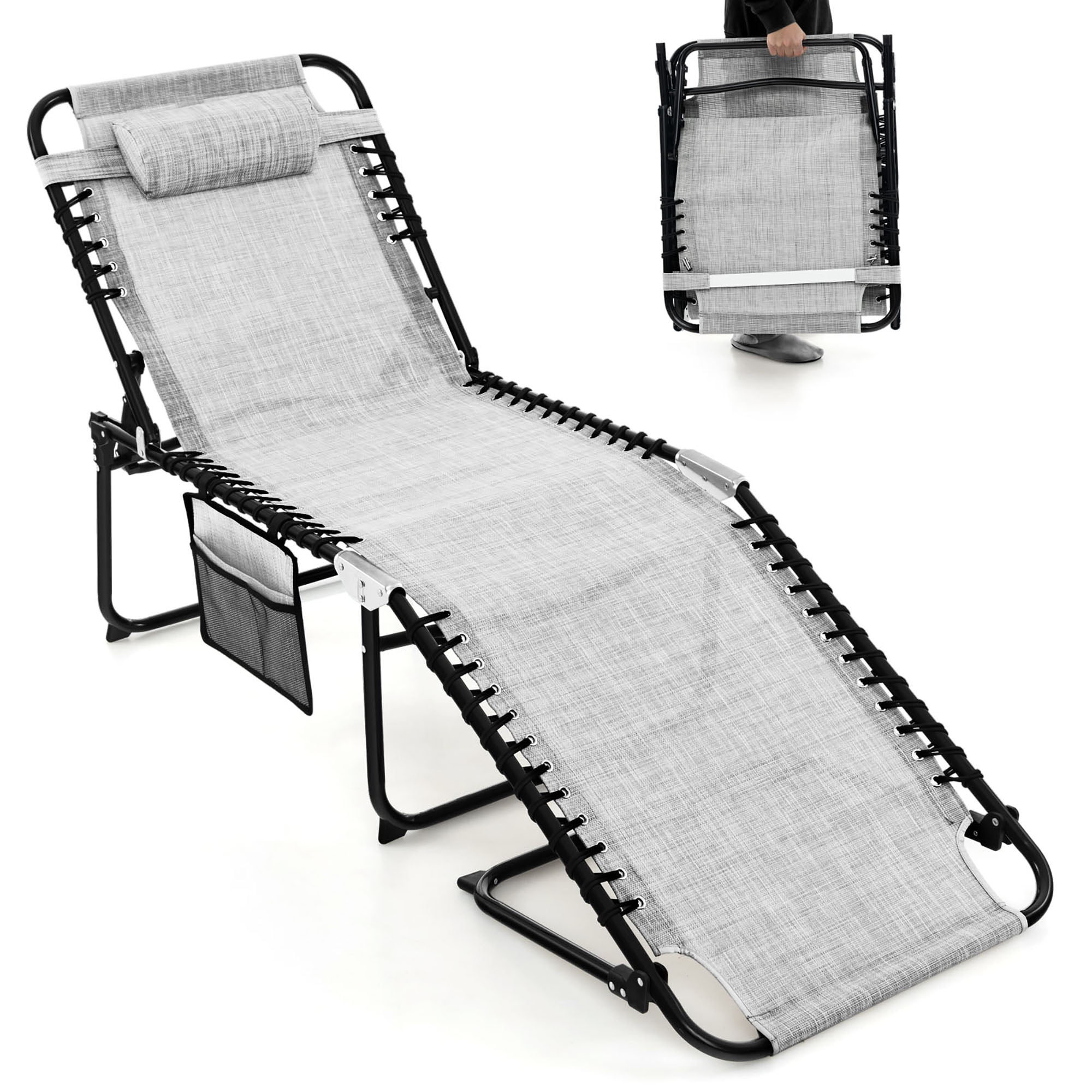 Gymax Folding Chaise Lounge Portable Lay Flat Reclining Chair w/ 4 ...