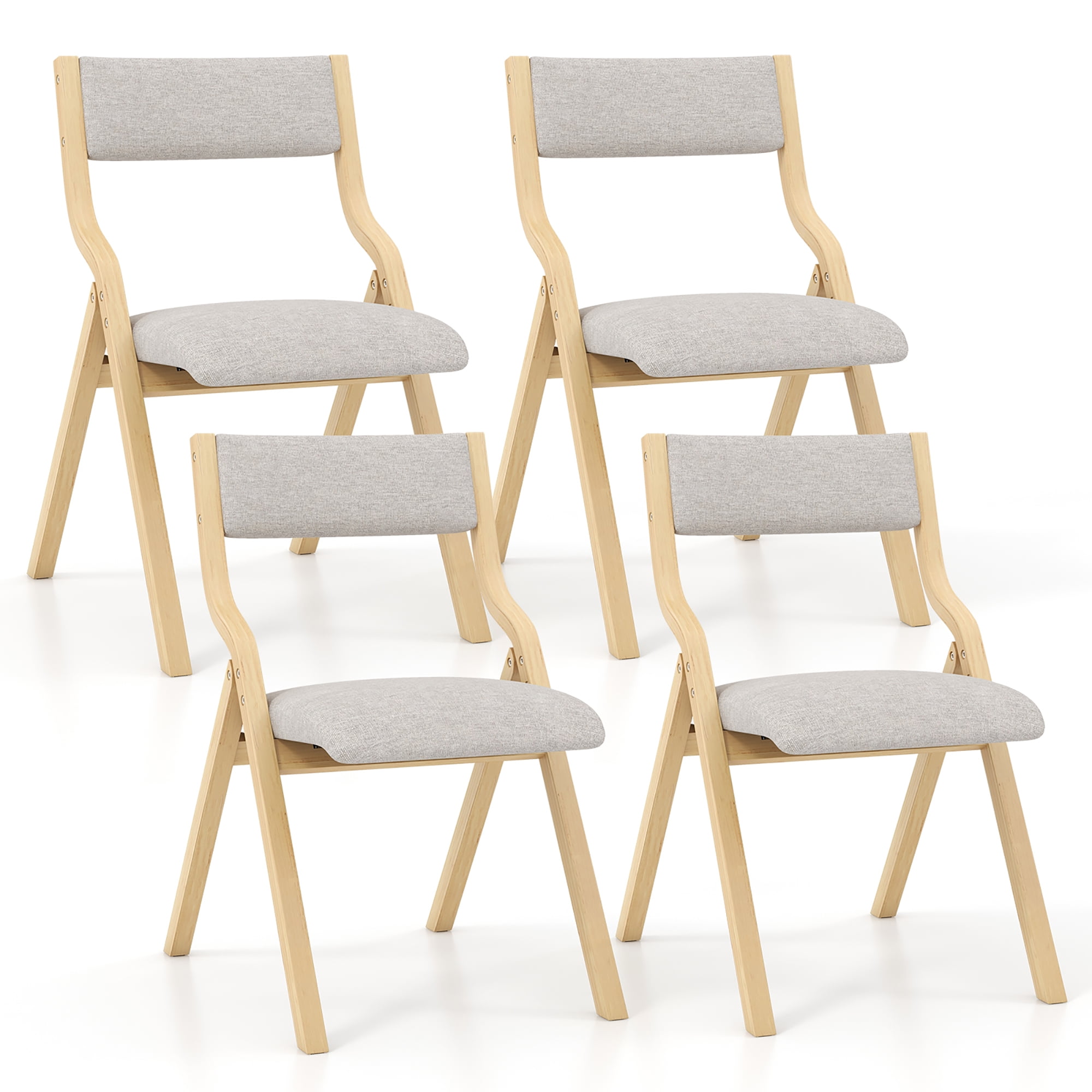 Gymax 4-Piece Foldable Dining Chairs, Grey & Natural Wooden Kitchen ...