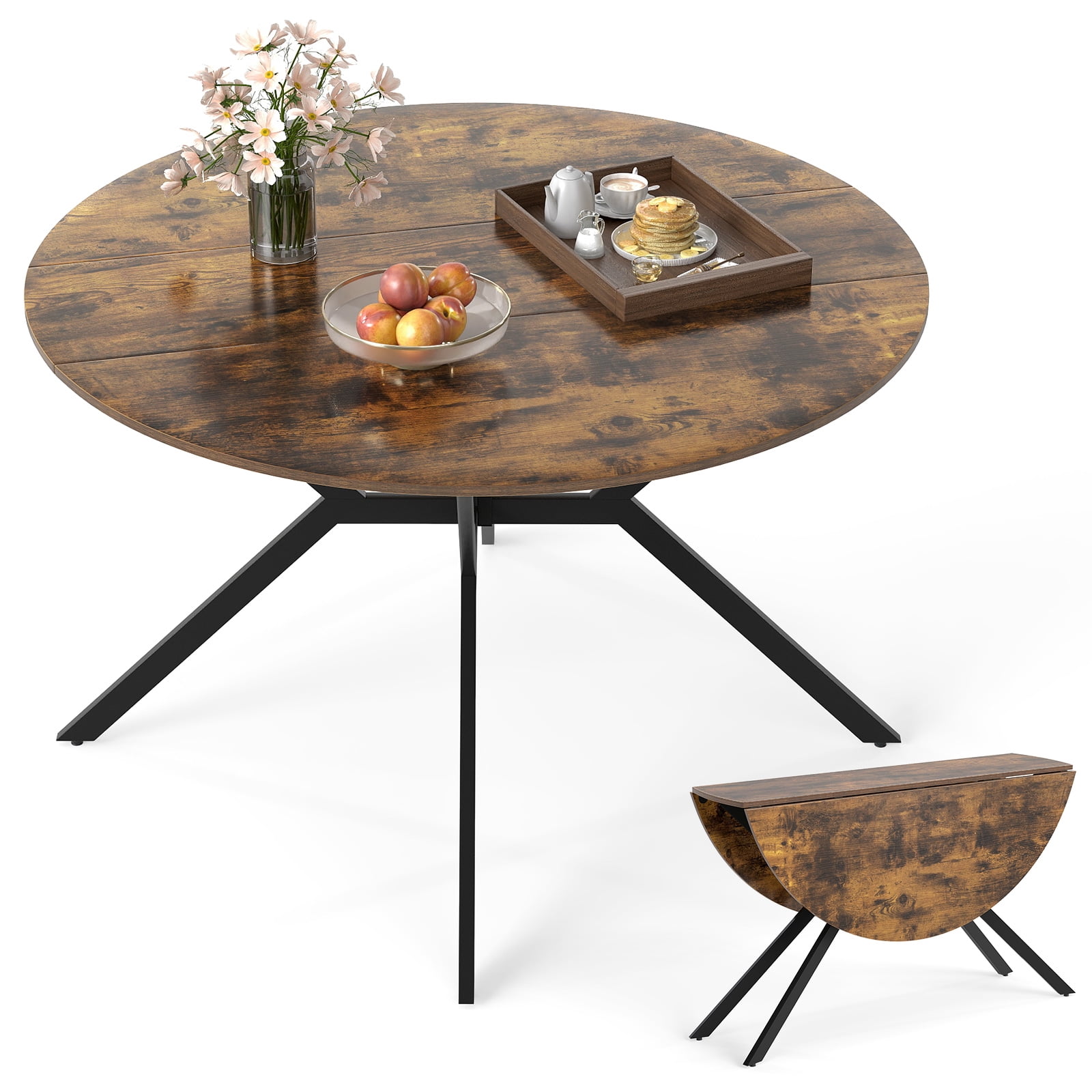 Gymax Folding Dining Table 47'' Extendable Round Kitchen Table w/Drop ...