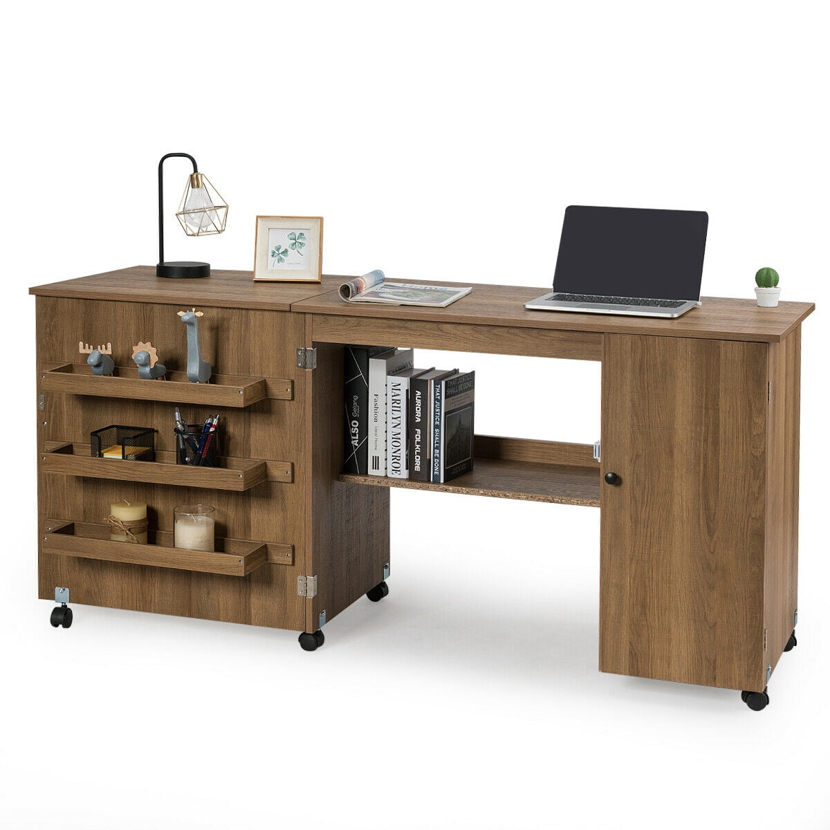 Gymax Foldable Small Space Sewing Table with Rolling Wheels, Shelves ...