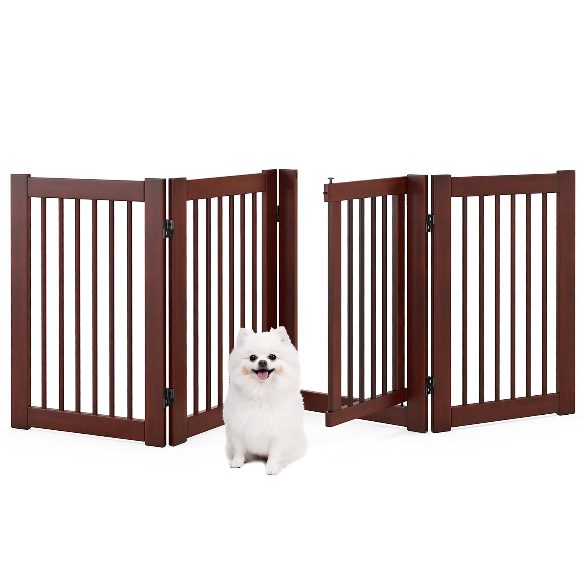 Gymax Freestanding Pet Gate 30'' Tall 4-Panel Wooden Dog Fence Solid ...
