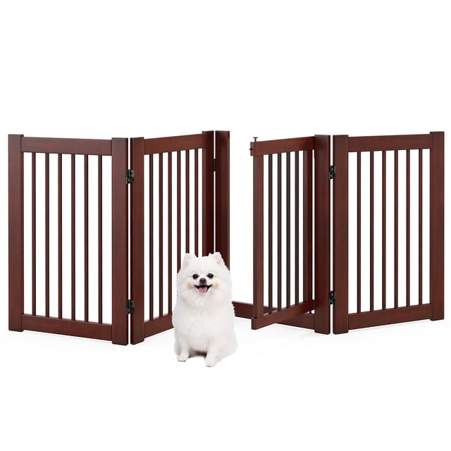Gymax Freestanding Pet Gate 30'' Tall 4-Panel Wooden Dog Fence Solid ...