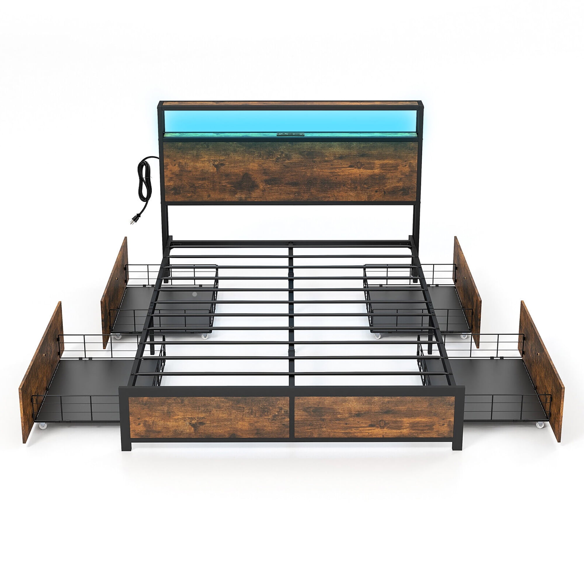 Gymax Industrial Full Size Bed Frame with 4 Storage Drawers, LED lights ...