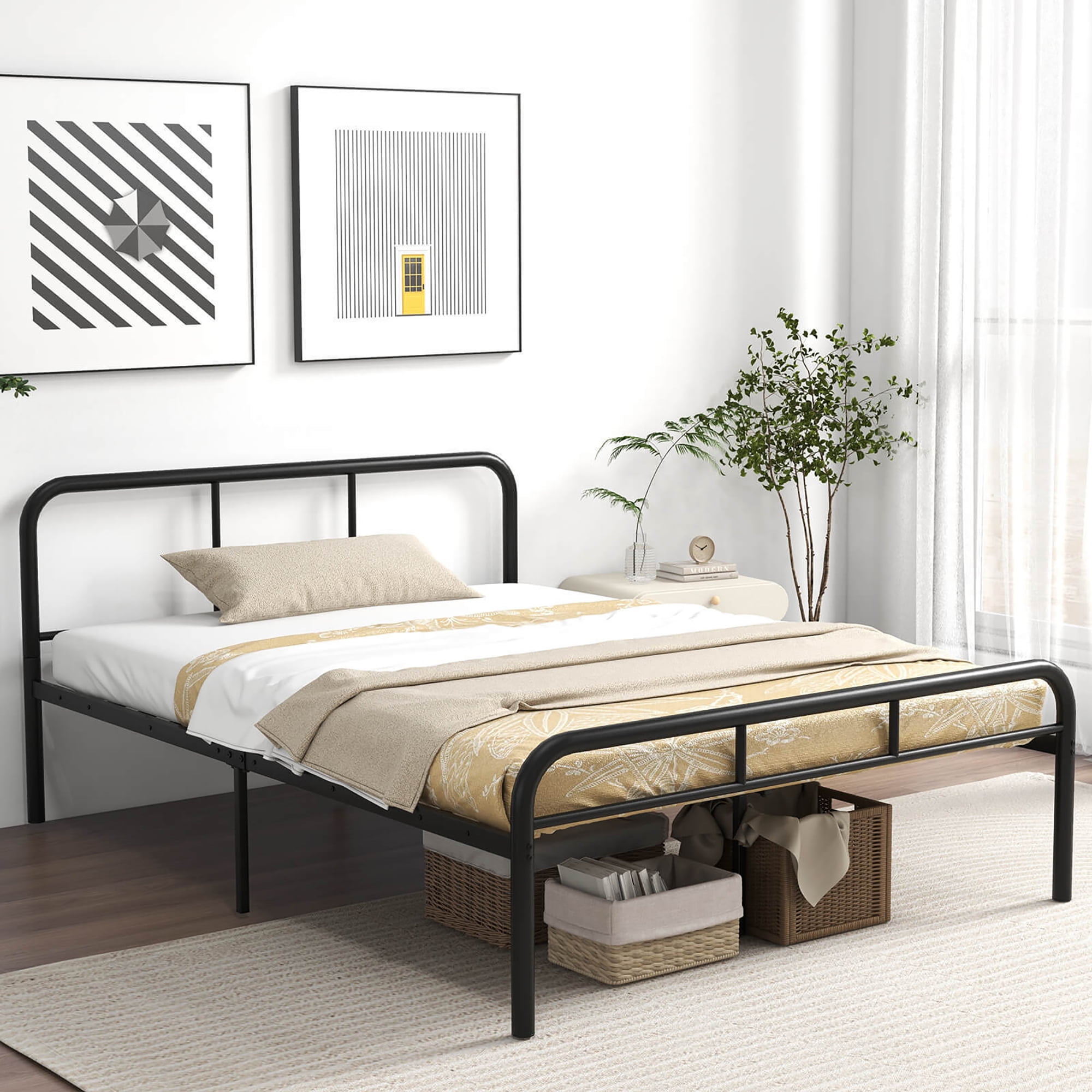 Gymax Full Size Bed Frame Metal Platform Bed Base w/ Headboard ...
