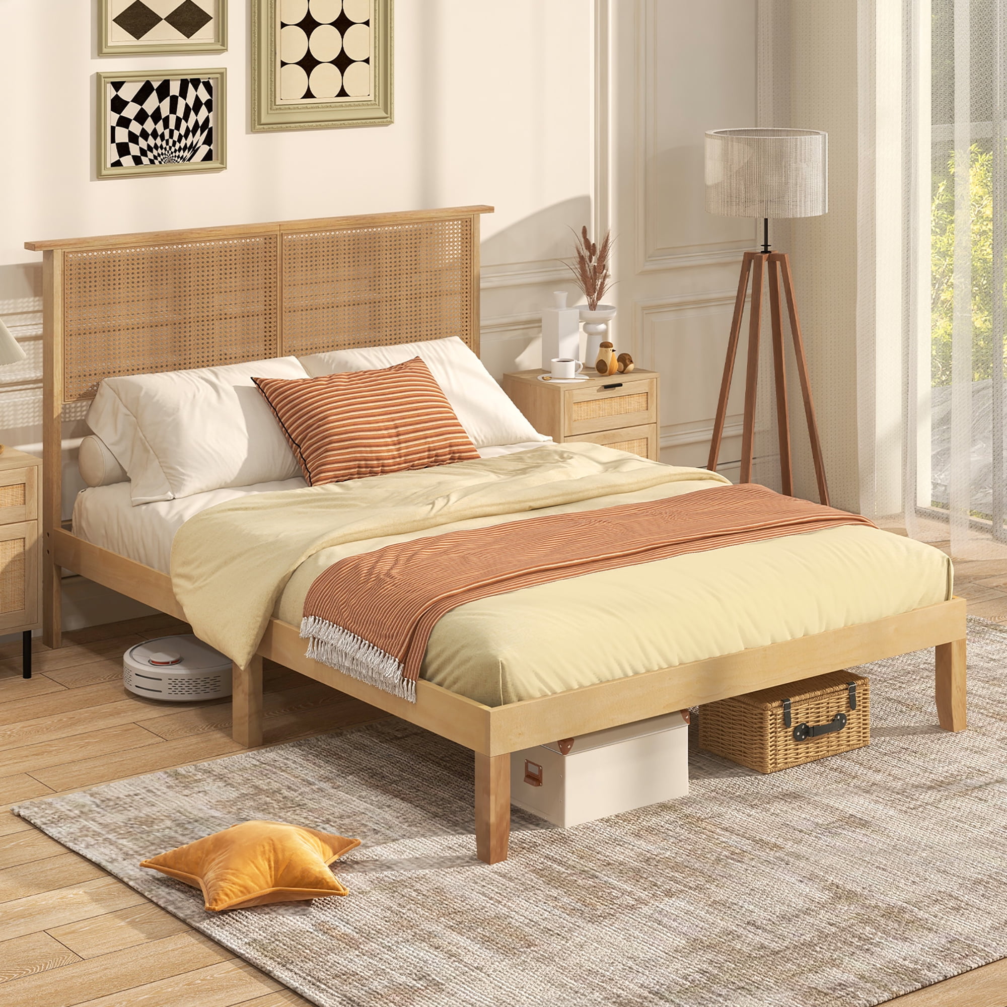 Gymax Full Size Bed Frame w/ Rattan Headboard 10 Solid Wood Legs & 12 ...