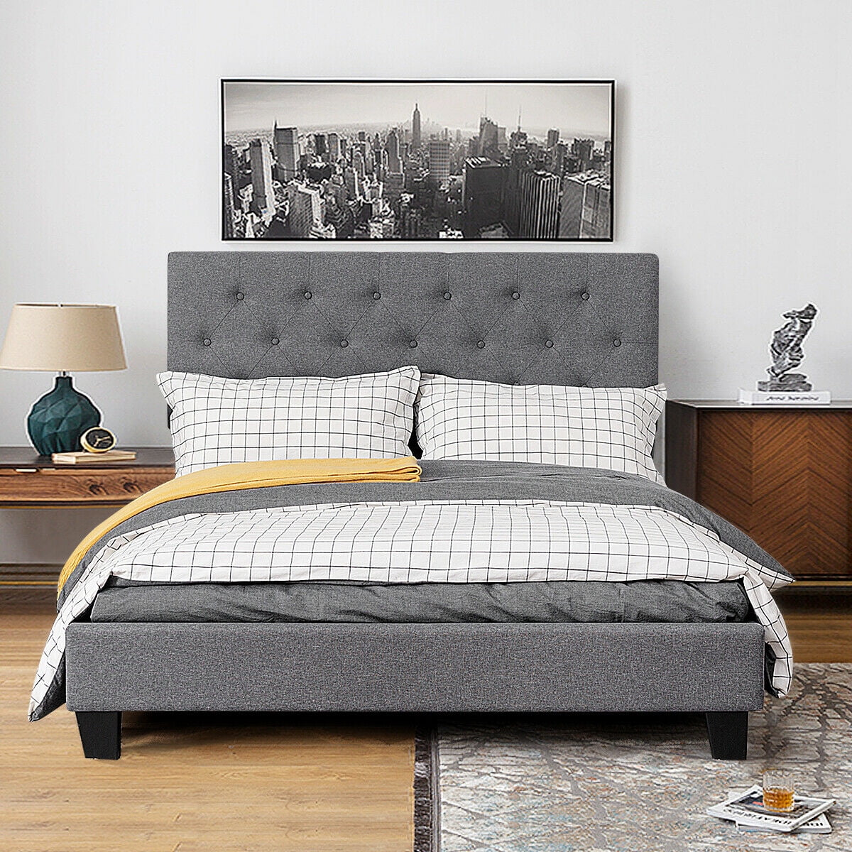 Gymax Full Size Upholstered Panel Bed W/Linen Panel Headboard ...
