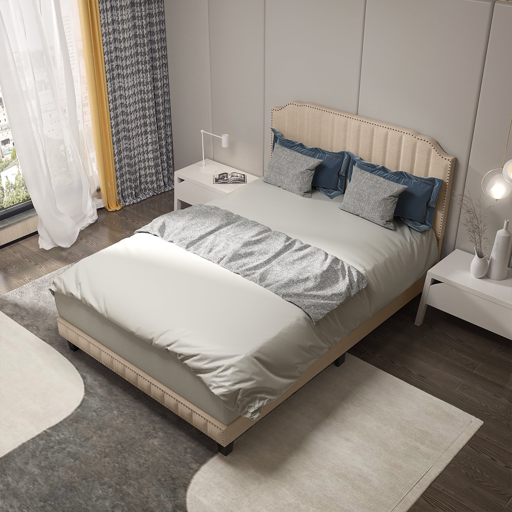 Gymax Full Upholstered Bed Frame with linen fabric vertical lines ...