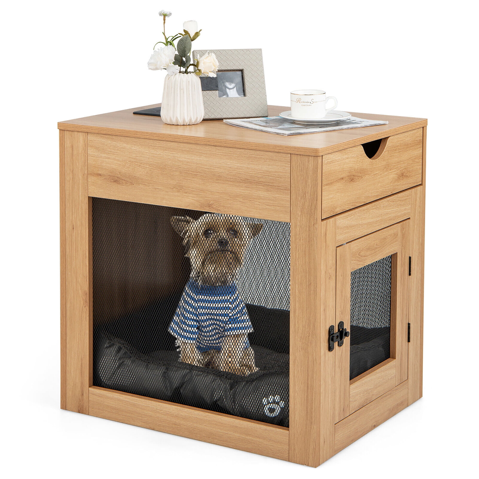 Gymax Furniture Style Dog Crate Cage End Table w/ Lockable Door Chew ...