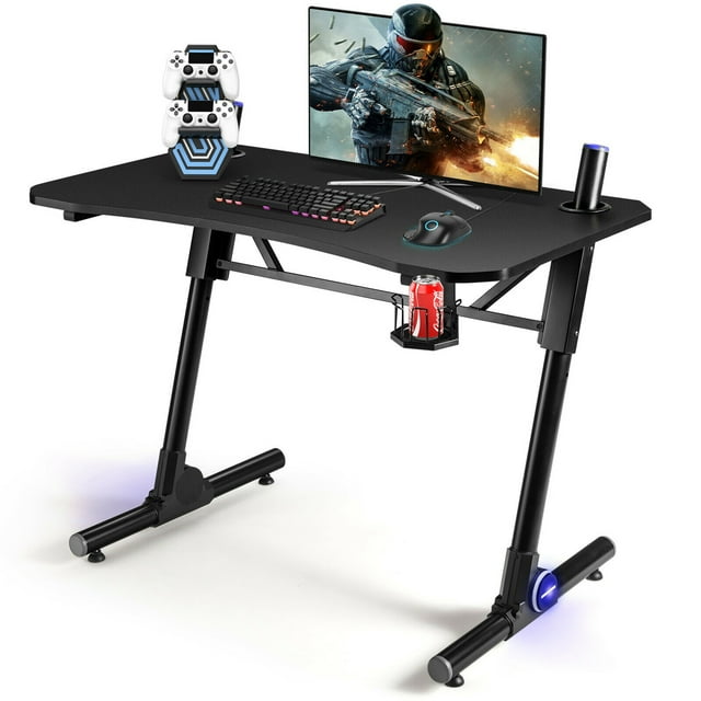 Gymax Gaming Computer Desk Height Adjustable w/ LED Light & Gaming ...