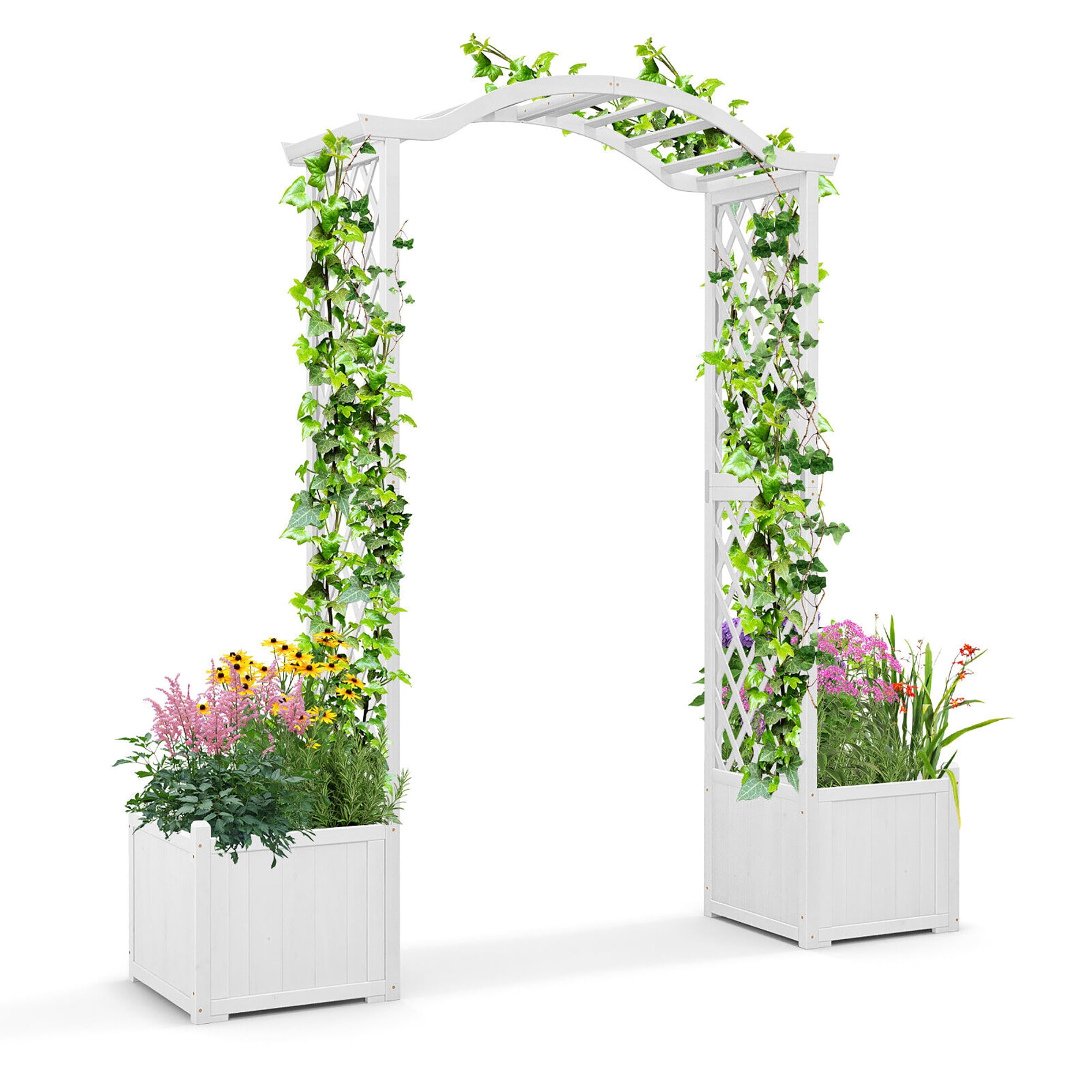Gymax Garden Arbor with Planter Wooden Planter Arch with Trellis White ...