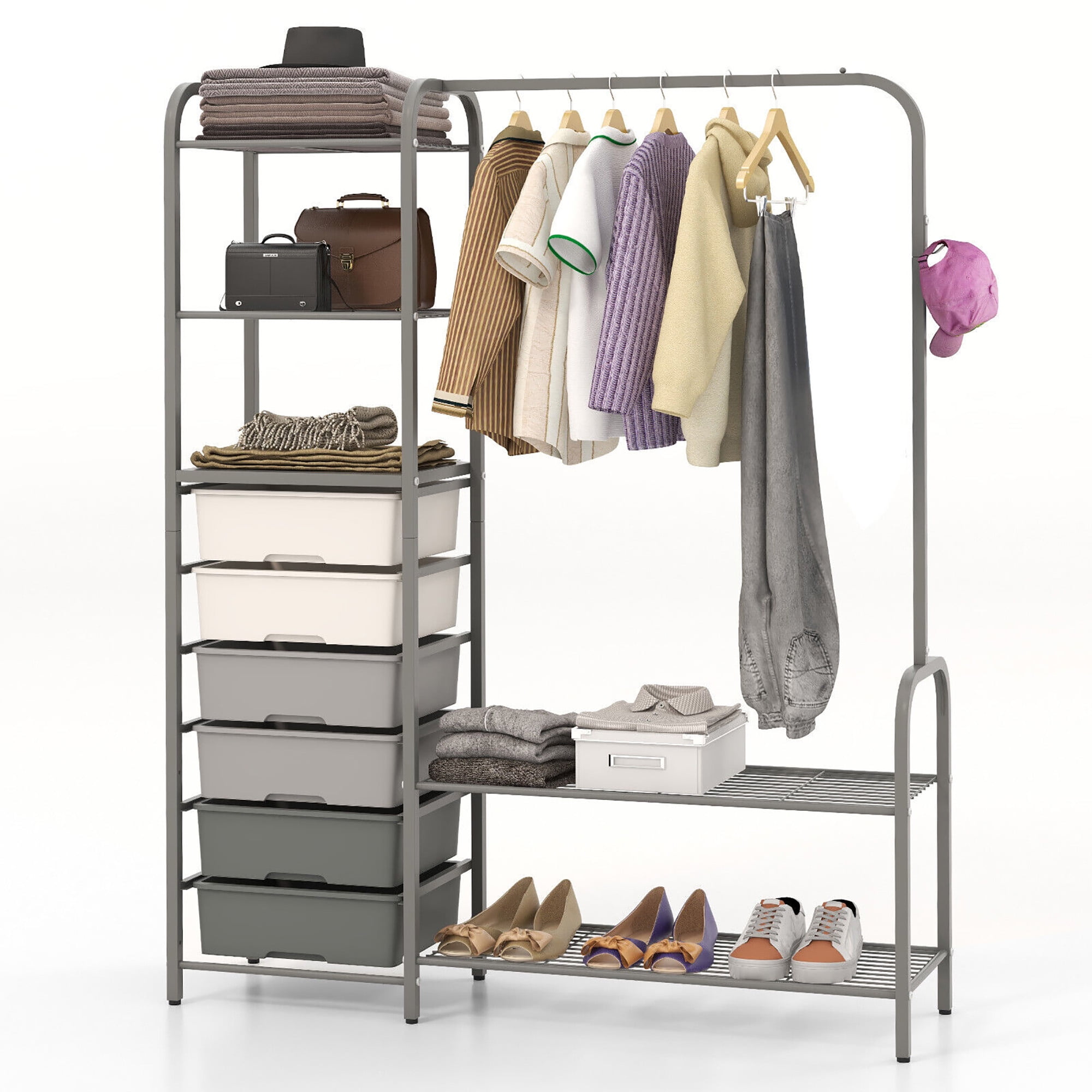 Gymax Heavy Duty Metal Clothes Rack Freestanding Garment Rack w/ 6 ...