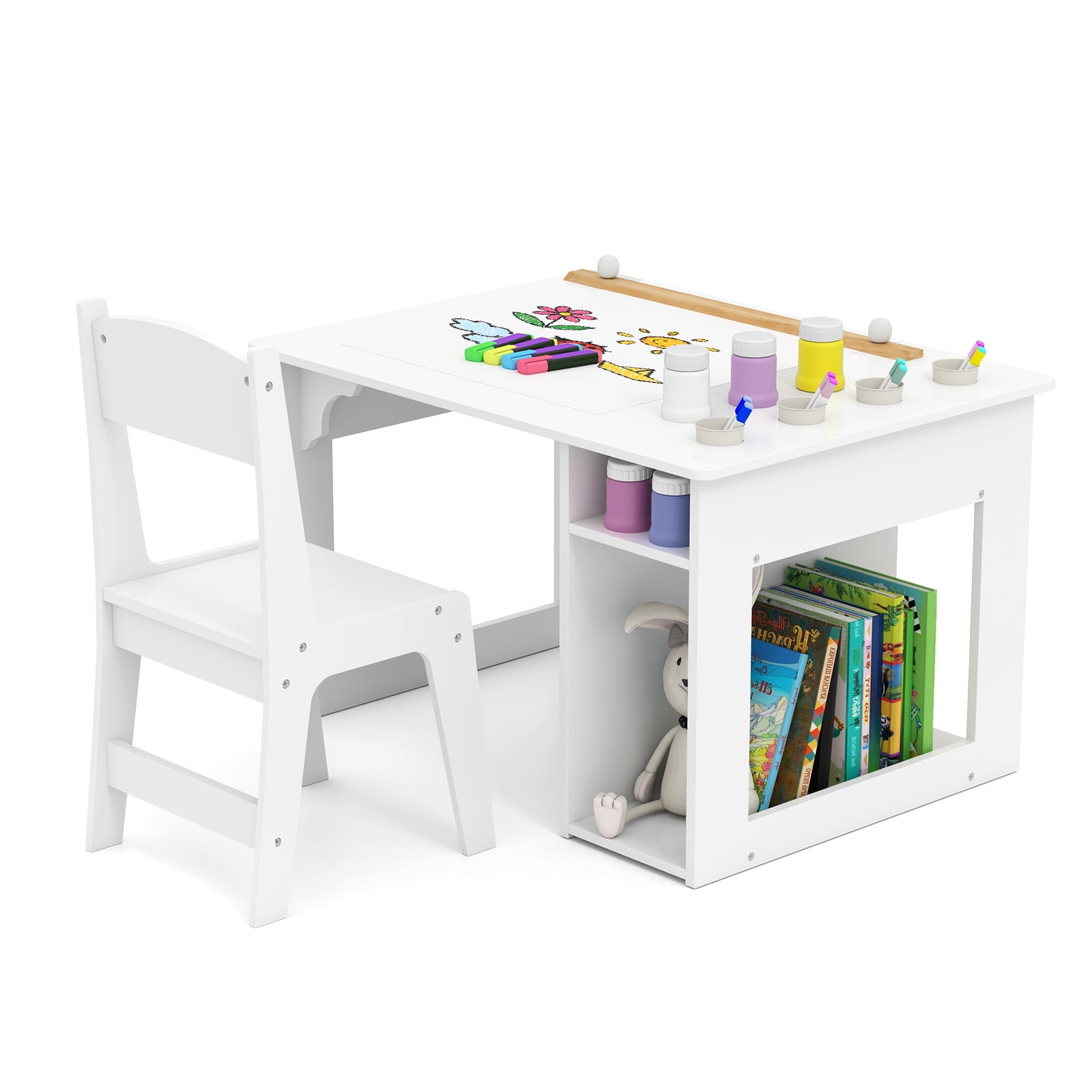 Gymax Kid's Art Table & Chair Set w/ Paper Roll 4 Paint Cups & 2 ...