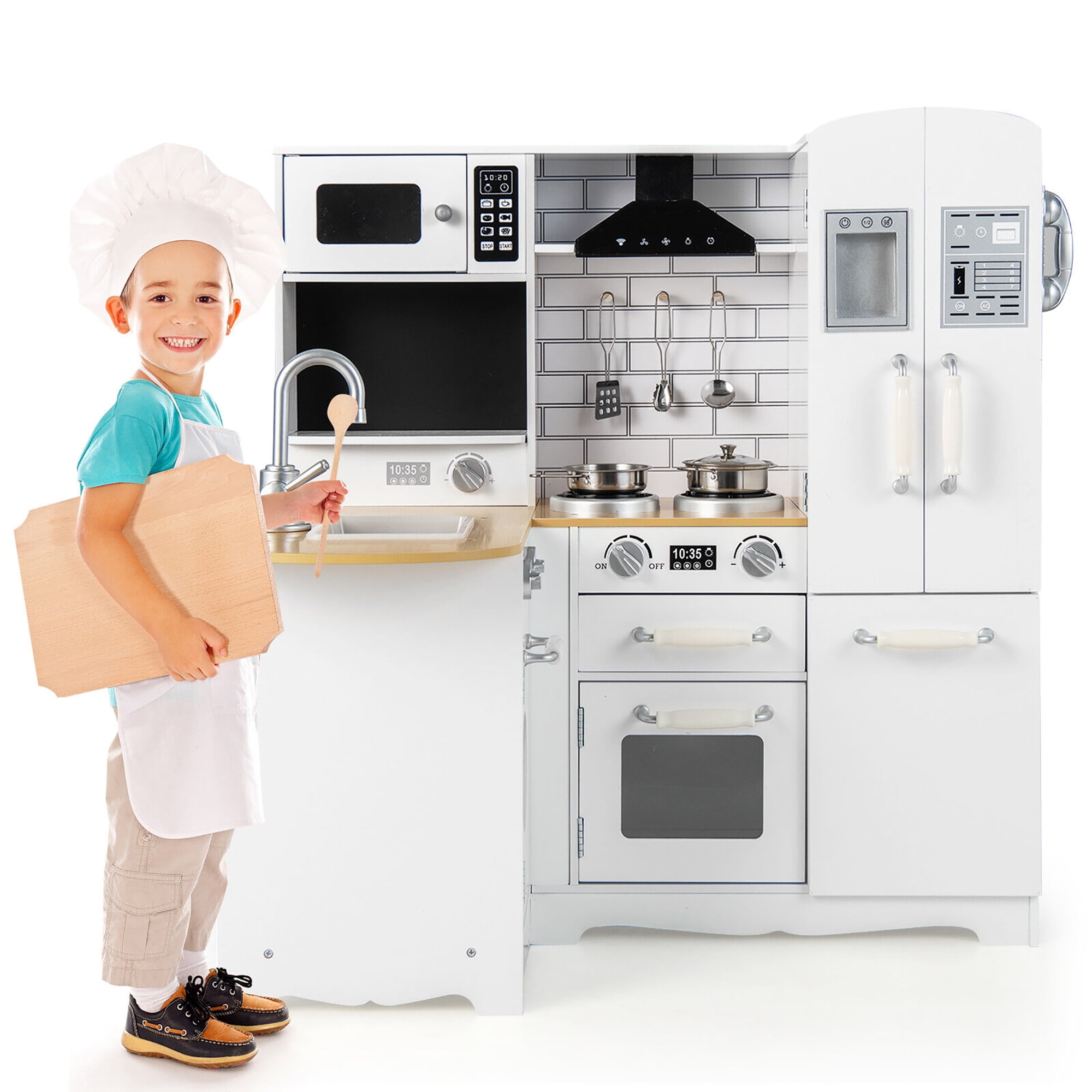 Gymax Toddler's Wooden Cooking Corner Kitchen Playset with Sound Effect ...