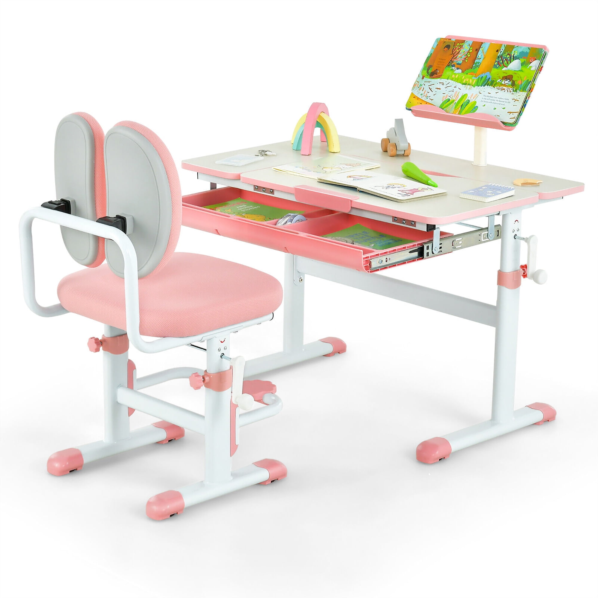 Gymax Kid's Study Desk & Chair Set Height Adjustable with Tilt Desktop ...