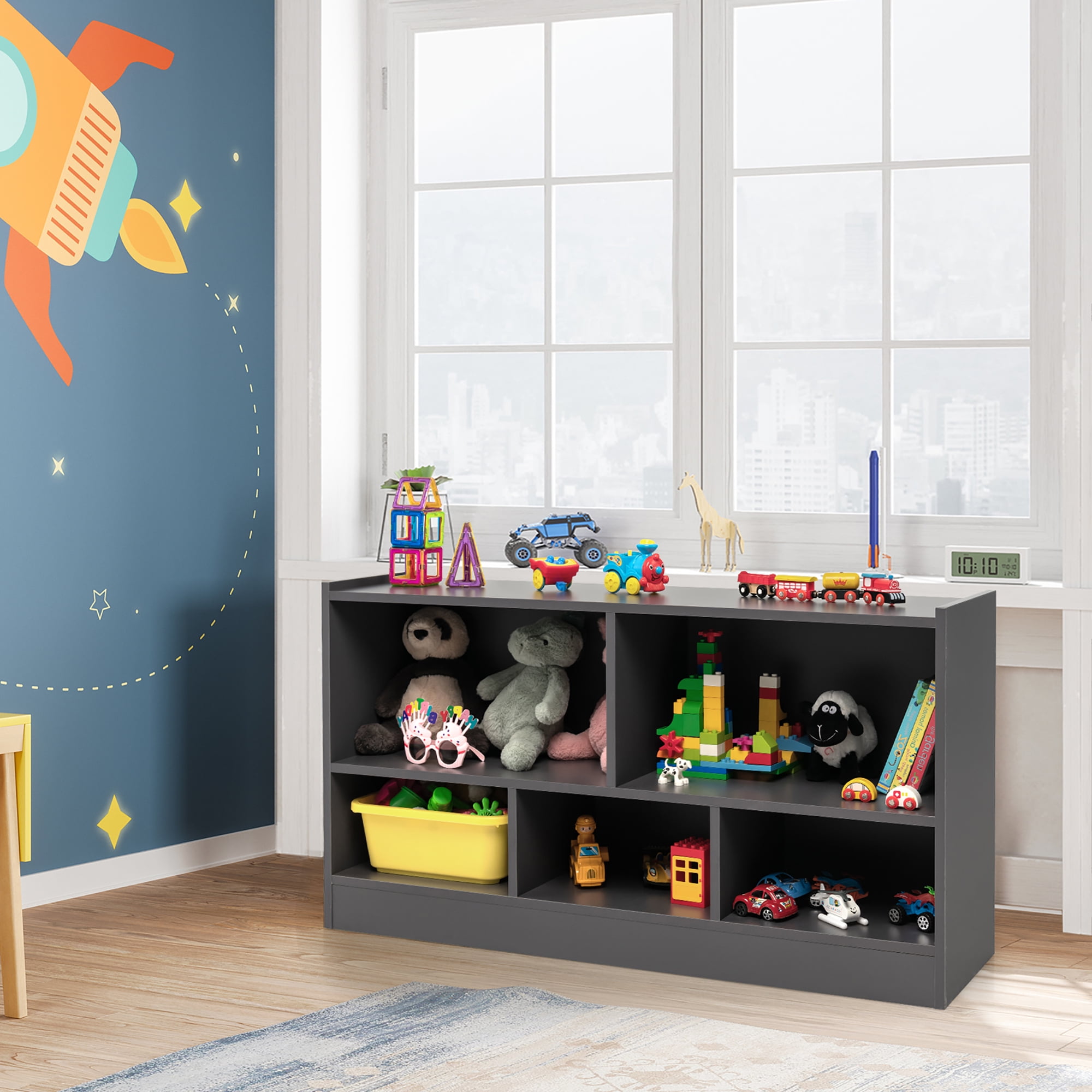 Gymax Kids 5-Cube Storage Cabinet 2-Shelf Wood Bookcase Organizer Grey ...