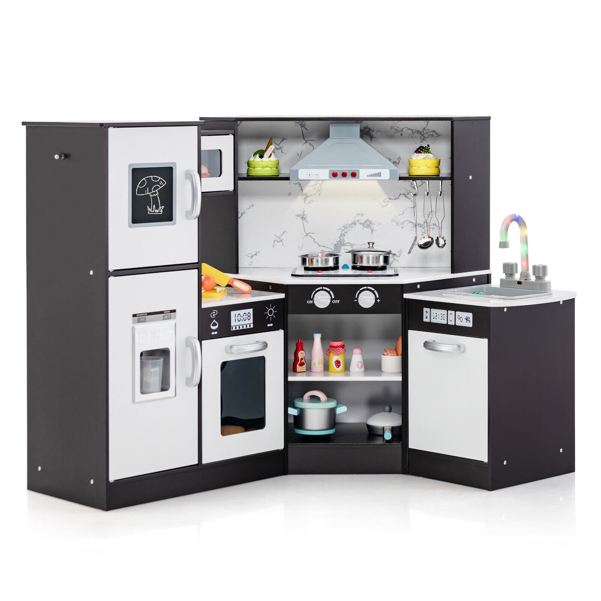 Gymax Kids Corner Kitchen Playset Wooden Pretend Play Toy with ...