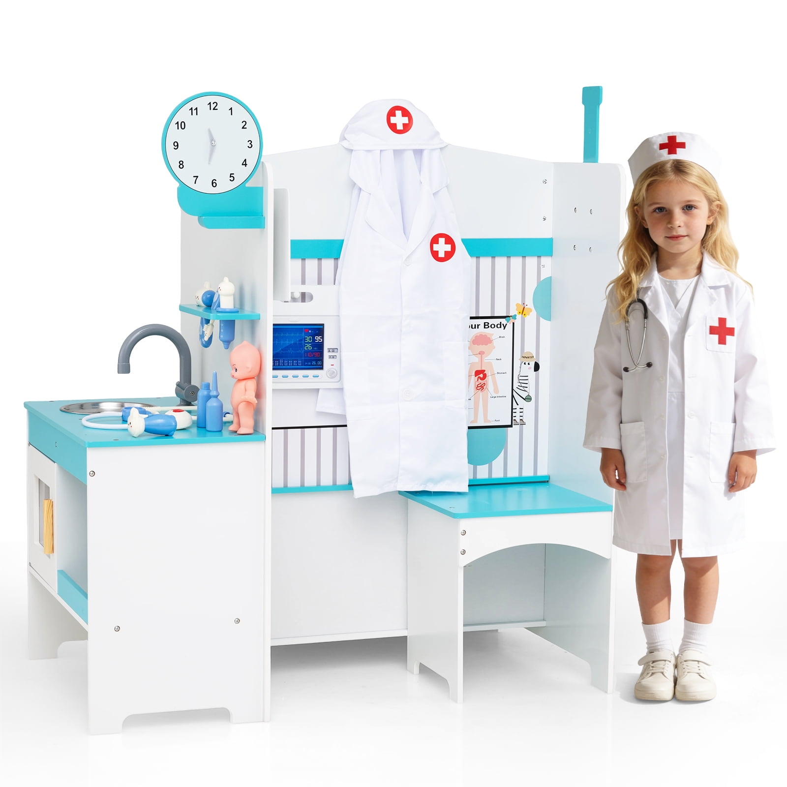 Gymax Kids Doctor Play Set w/Faucet Sink ECG Monitor Body Parts Diagram ...