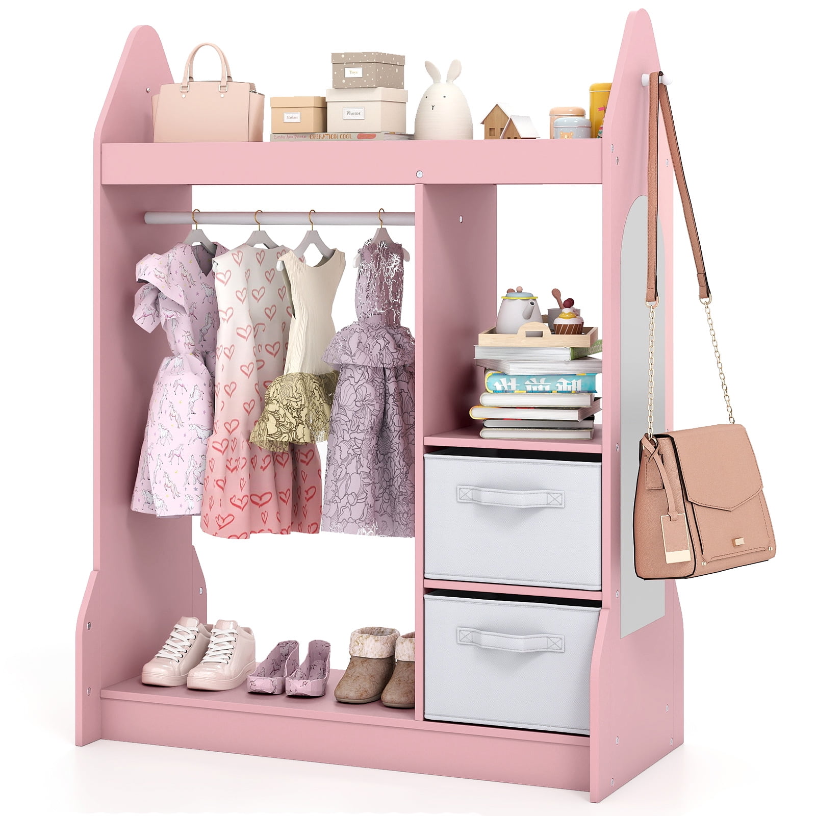 Gymax Kids Dress Up Storage w/Full-Length Mirror Shelves Hooks 2 Fabric ...