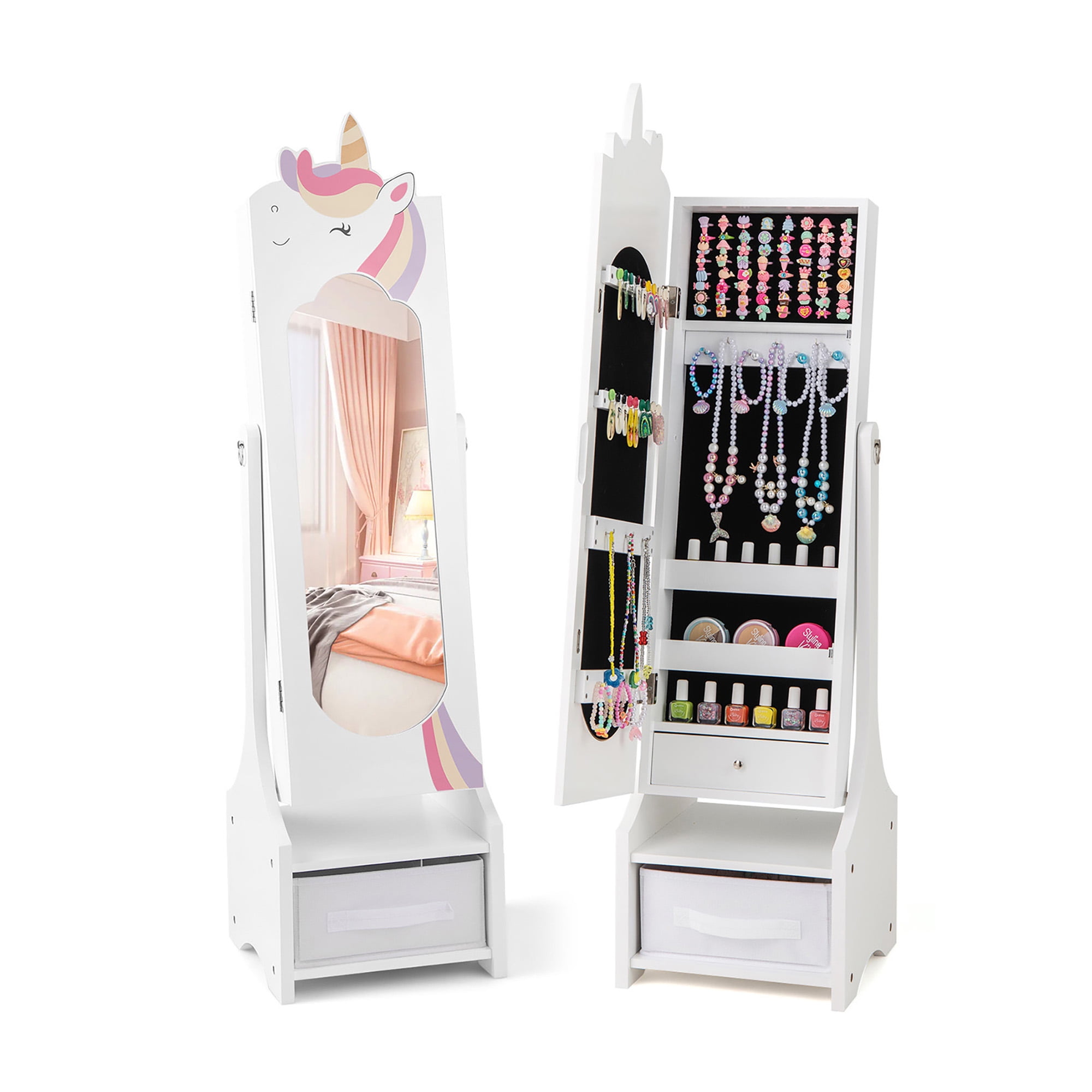 Gymax Kids Jewelry Cabinet w/ Full-Length Mirror 2 Adjustable Tilt ...