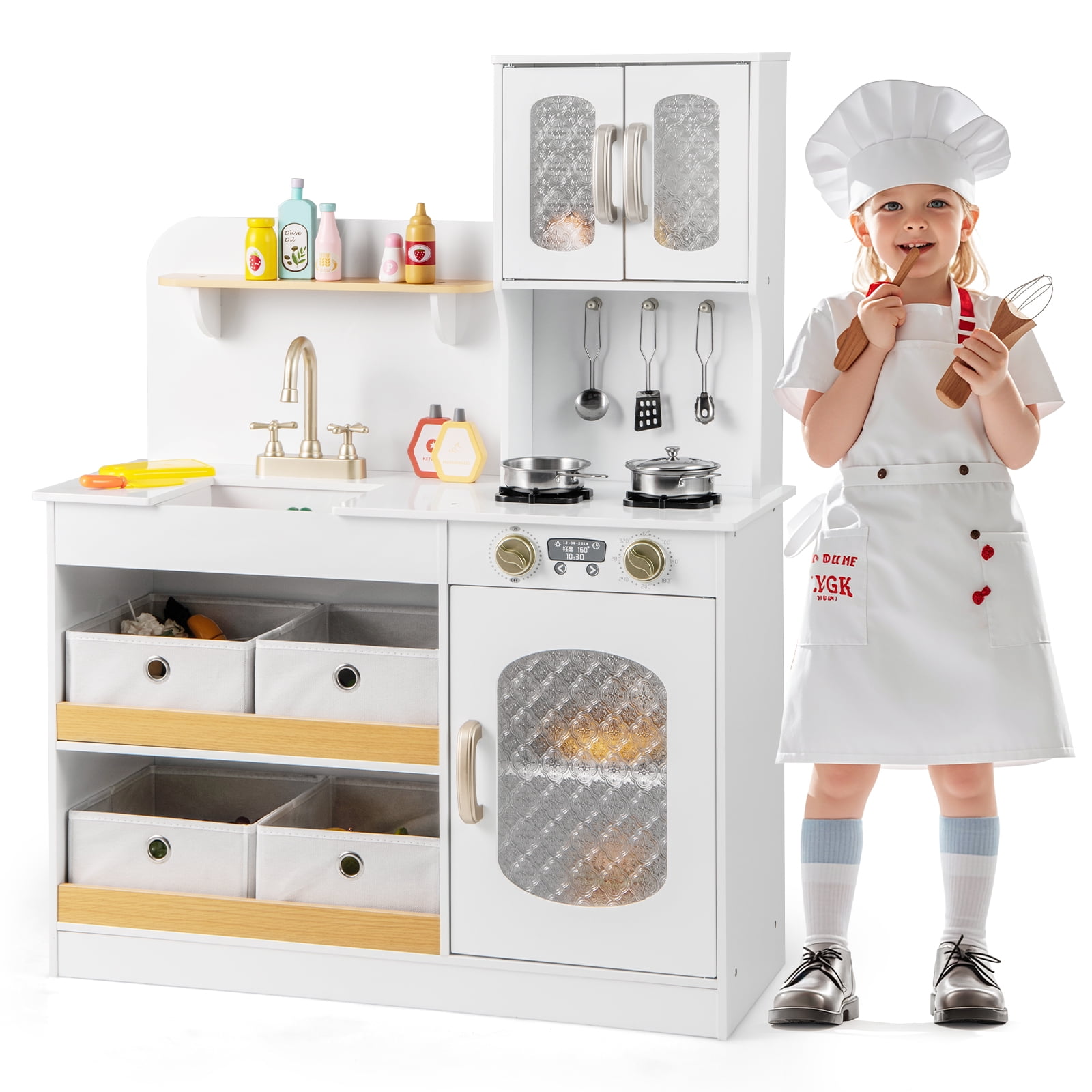 Gymax Kids Kitchen Playset Toy Play Kitchen w/ 4 Fabric Drawers Stoves ...
