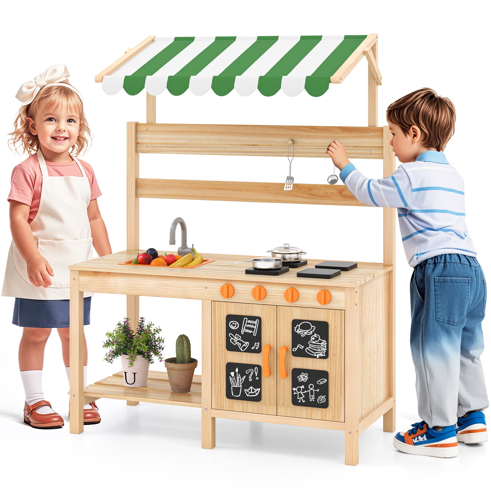Gymax Kids Mud Kitchen Outdoor Wooden Pretend Play Kitchen w/ 4 Stoves ...