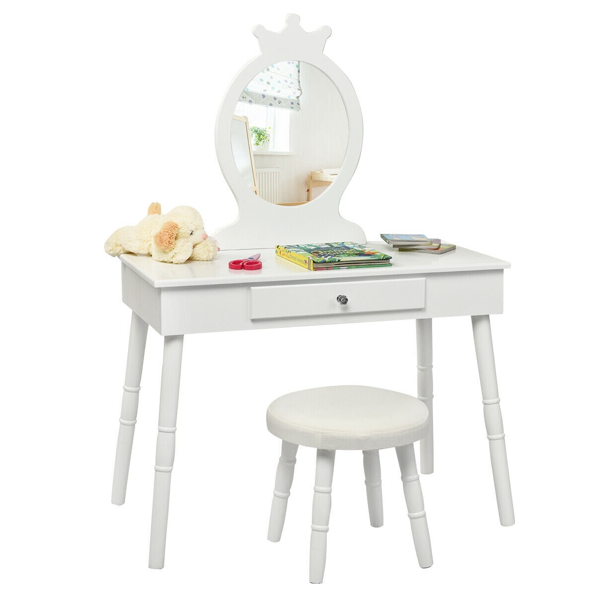 Gymax Kids Vanity Makeup Table & Chair Set Make Up Stool Play Set for ...