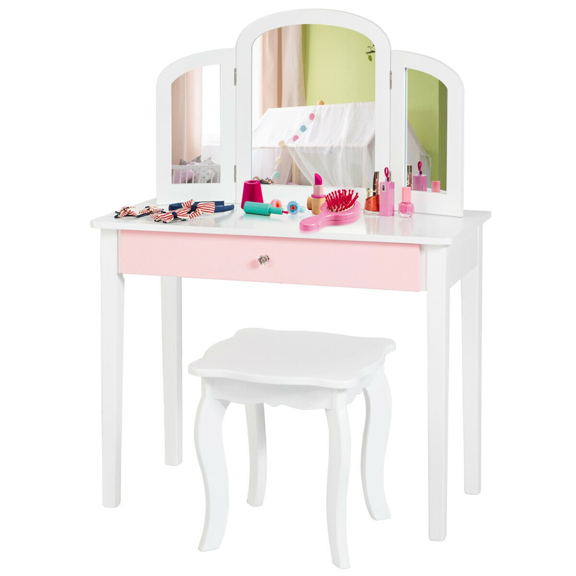Gymax Kids Vanity Princess Make Up Dressing Table W/ Tri-folding Mirror ...