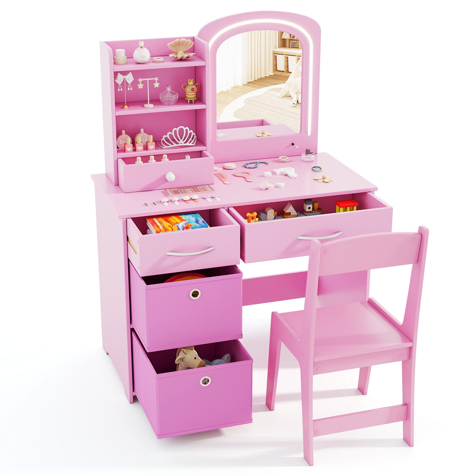 Gymax Kids Vanity Set Princess Makeup Desk & Chair w/ Mirror & Lights ...