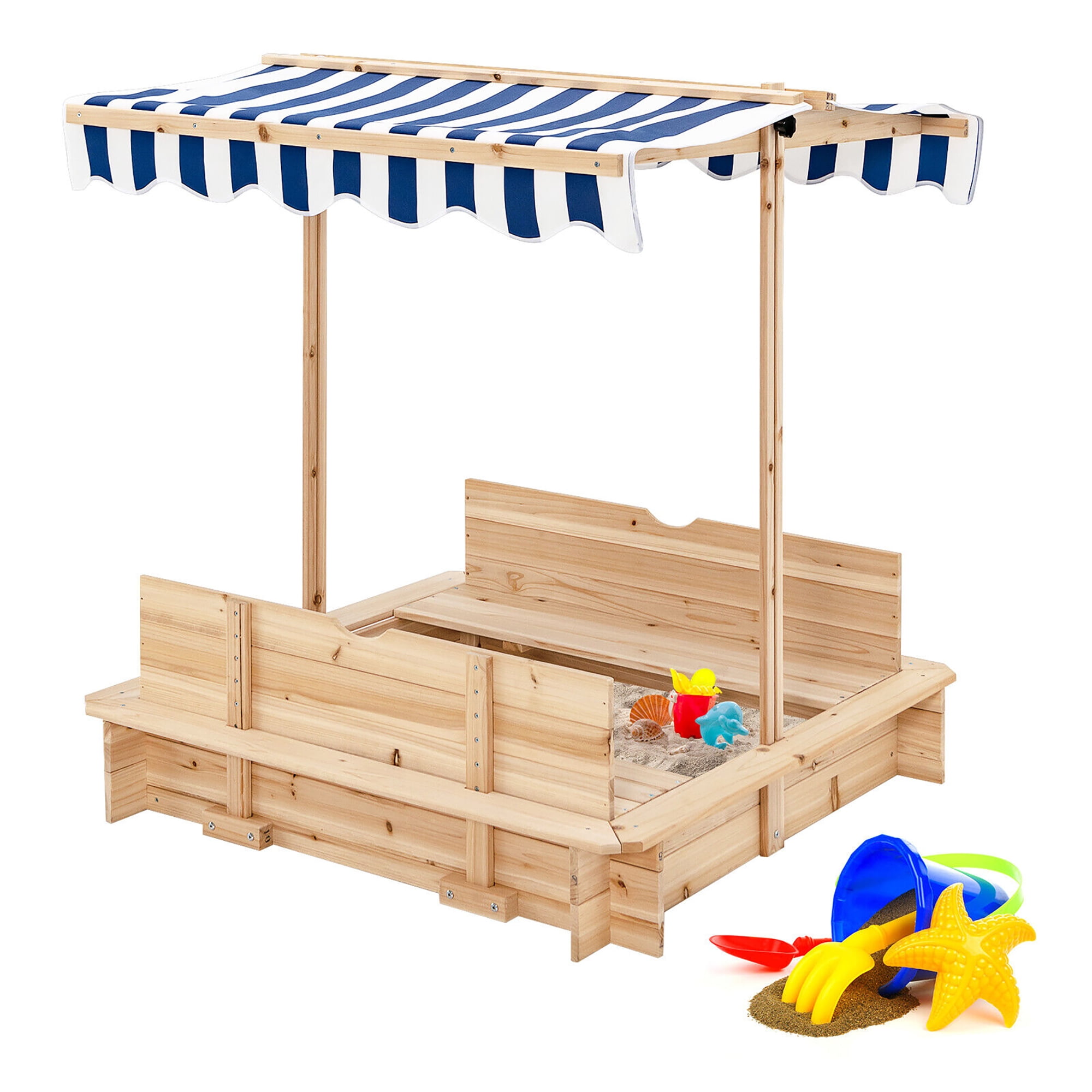 Gymax Outdoor Backyard Play Wooden Sandbox with Canopy & Foldable Bench ...