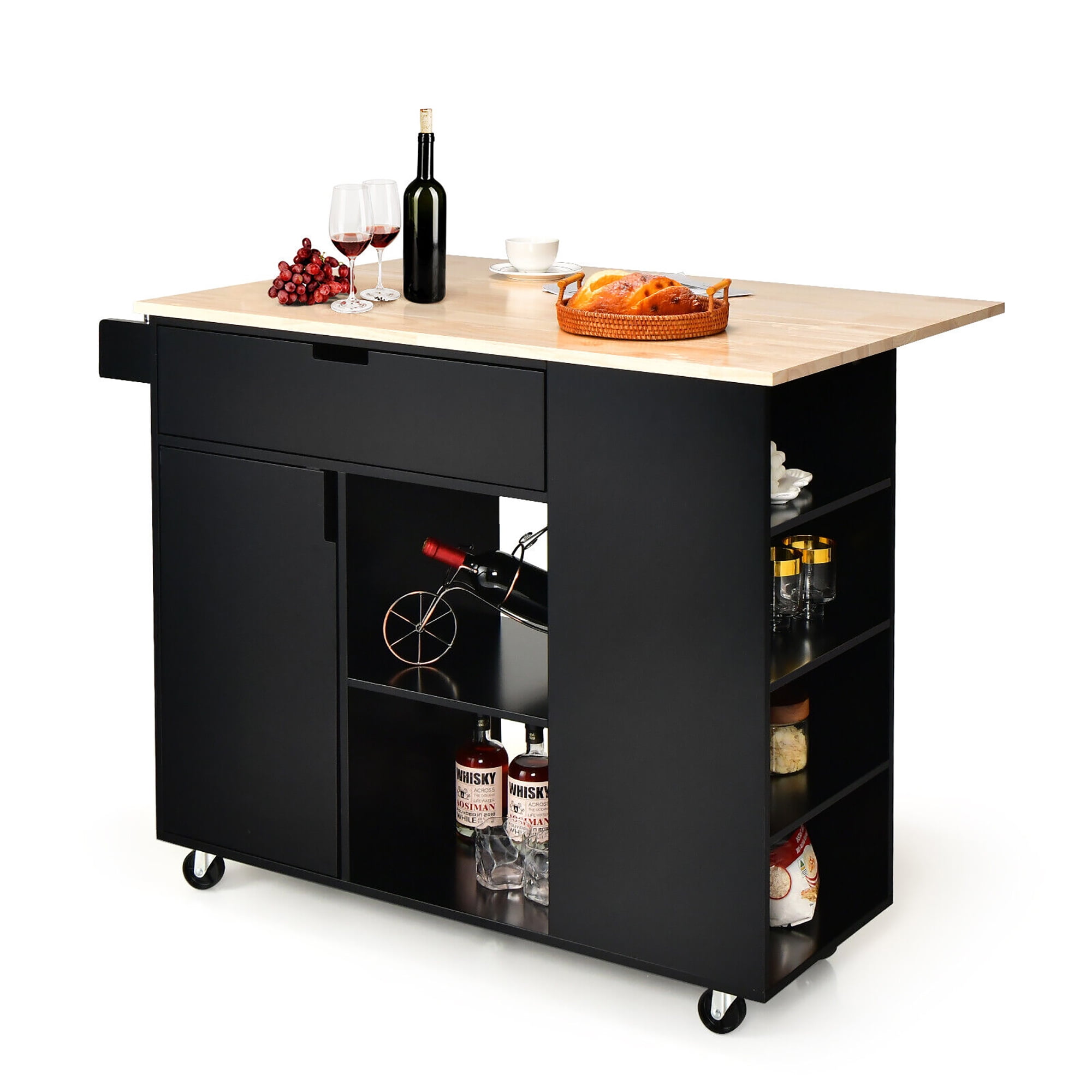Gymax Kitchen Island Cart Rolling Serving Trolley w/ Drop Leaf Spice ...