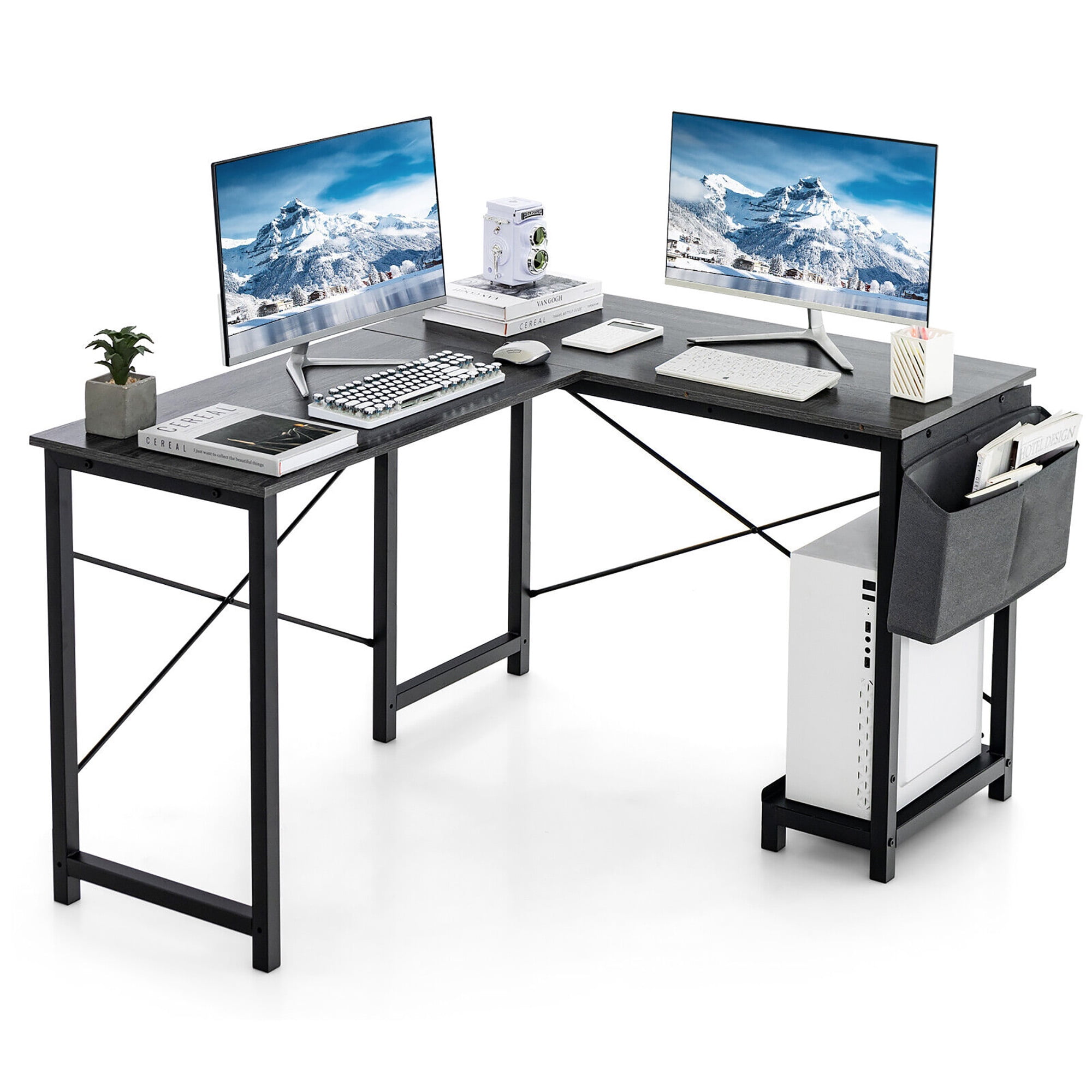 Gymax L-Shaped Computer Desk Reversible w/ Side Storage Bag & Host ...