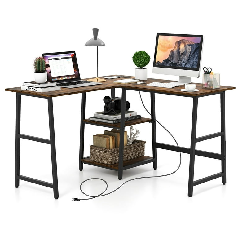 Gymax L Shaped Corner Computer Desk Study Table w Storage Shelves Rustic Brown