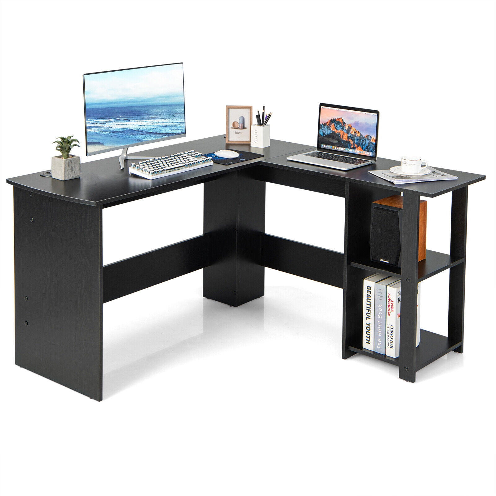 Gymax L-Shaped Home Office Computer Desk with Spacious Desktop, 2-Tier ...