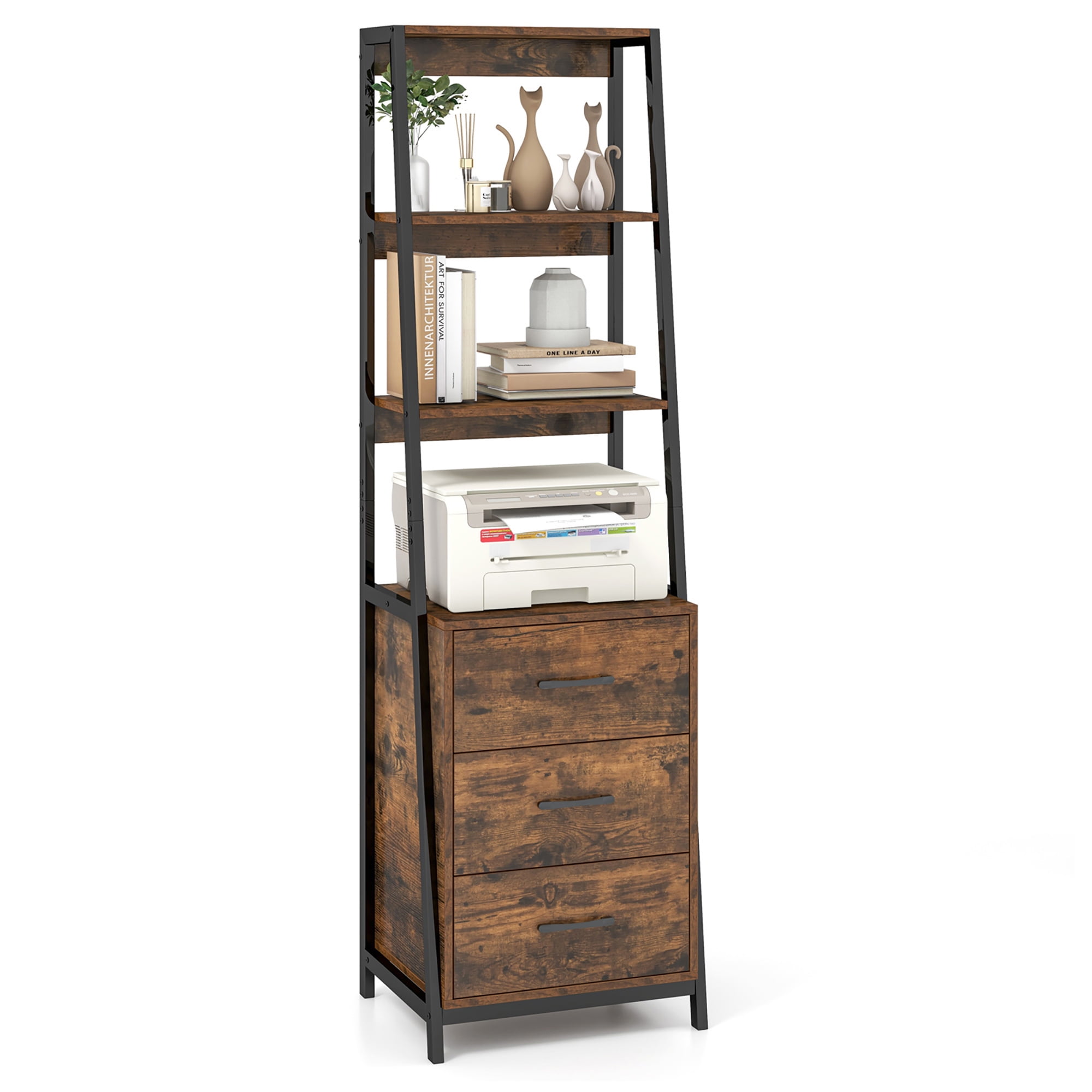Gymax Ladder Bookshelf Tall Bookcase w/ 3 Open Shelves Printer Stand 3 ...
