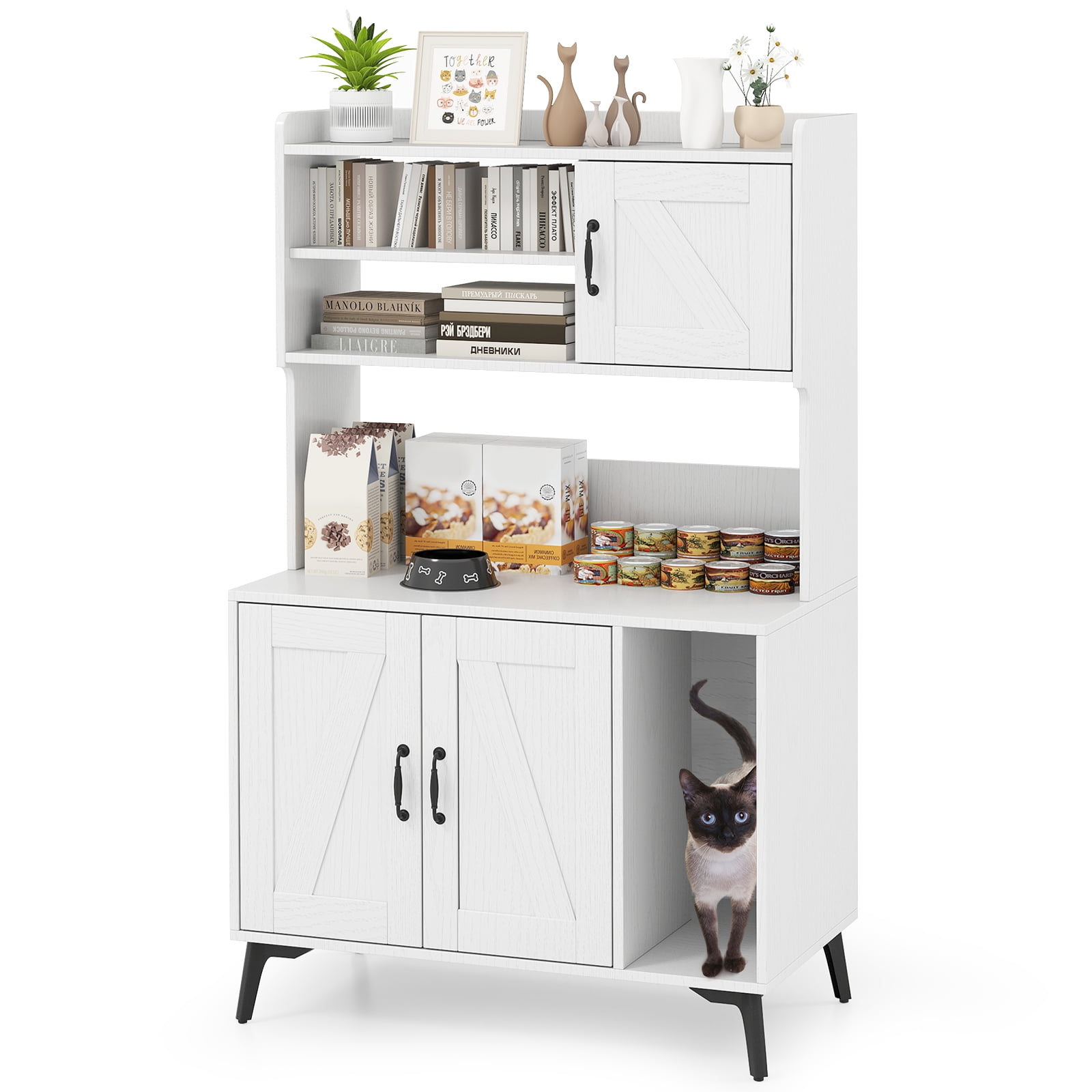 Gymax Large Cat Litter Box Enclosure w/ Display Storage Shelves Hidden ...