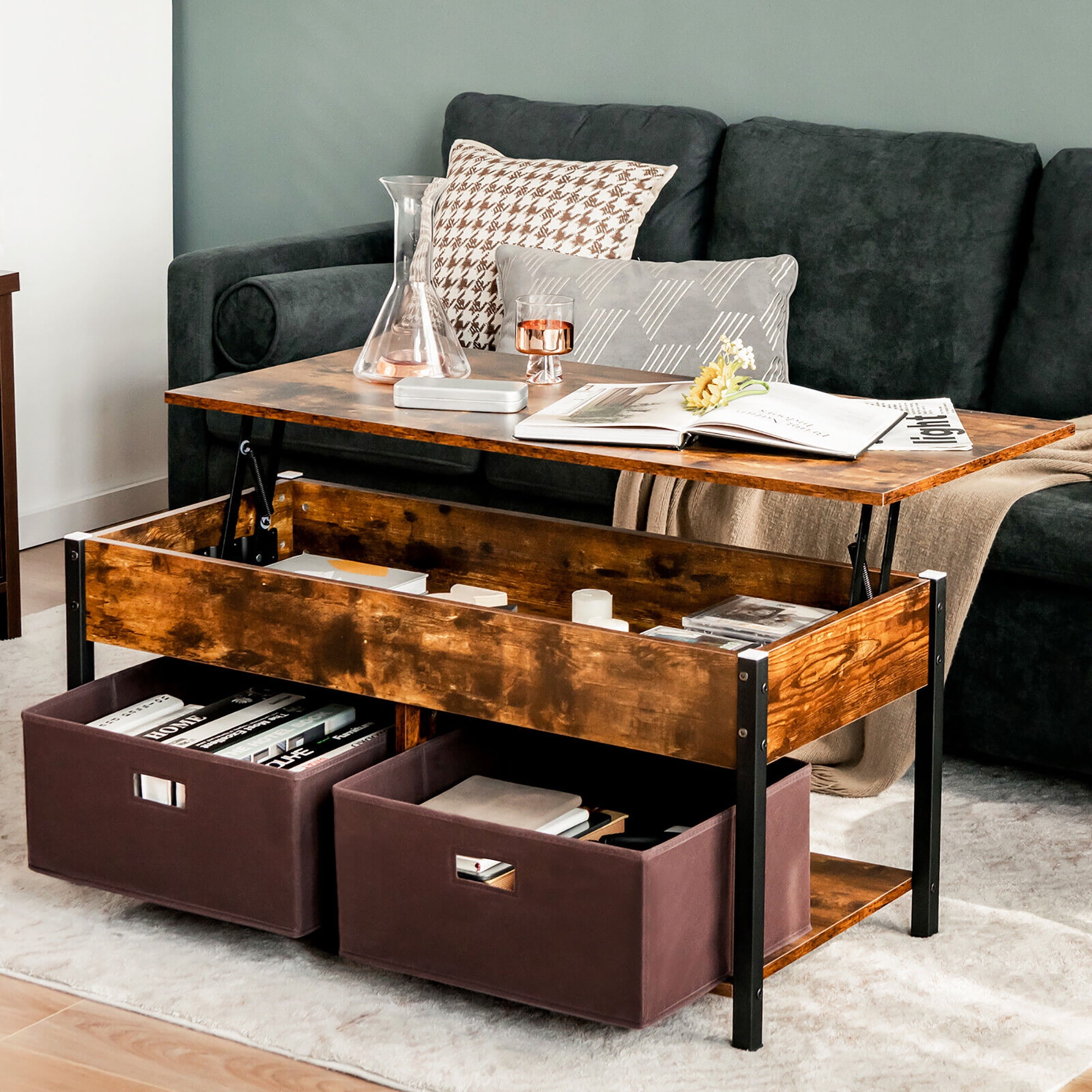 Gymax Convertible Lift Top Coffee Table with Raising Wood Storage ...