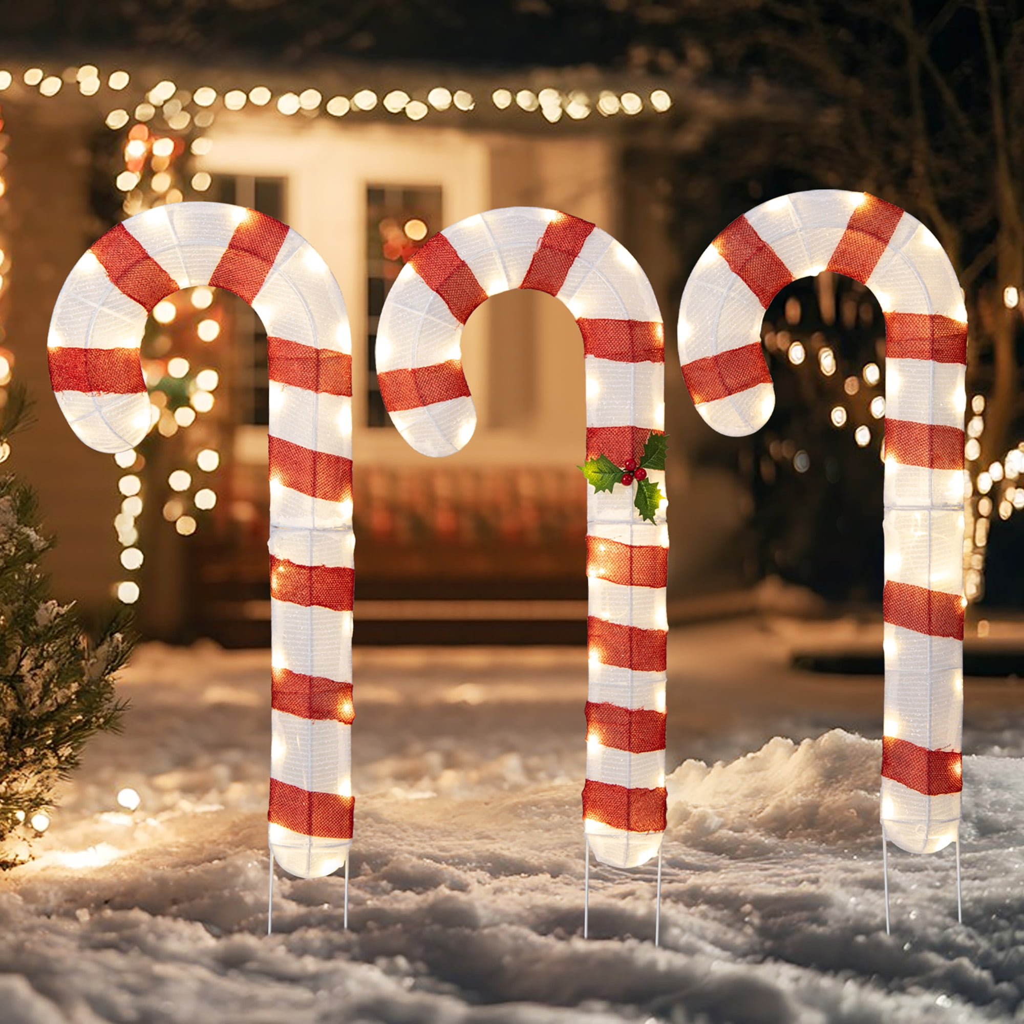 Gymax Lighted Candy Canes Set of 3 Christmas Tinsel Candy Cane ...