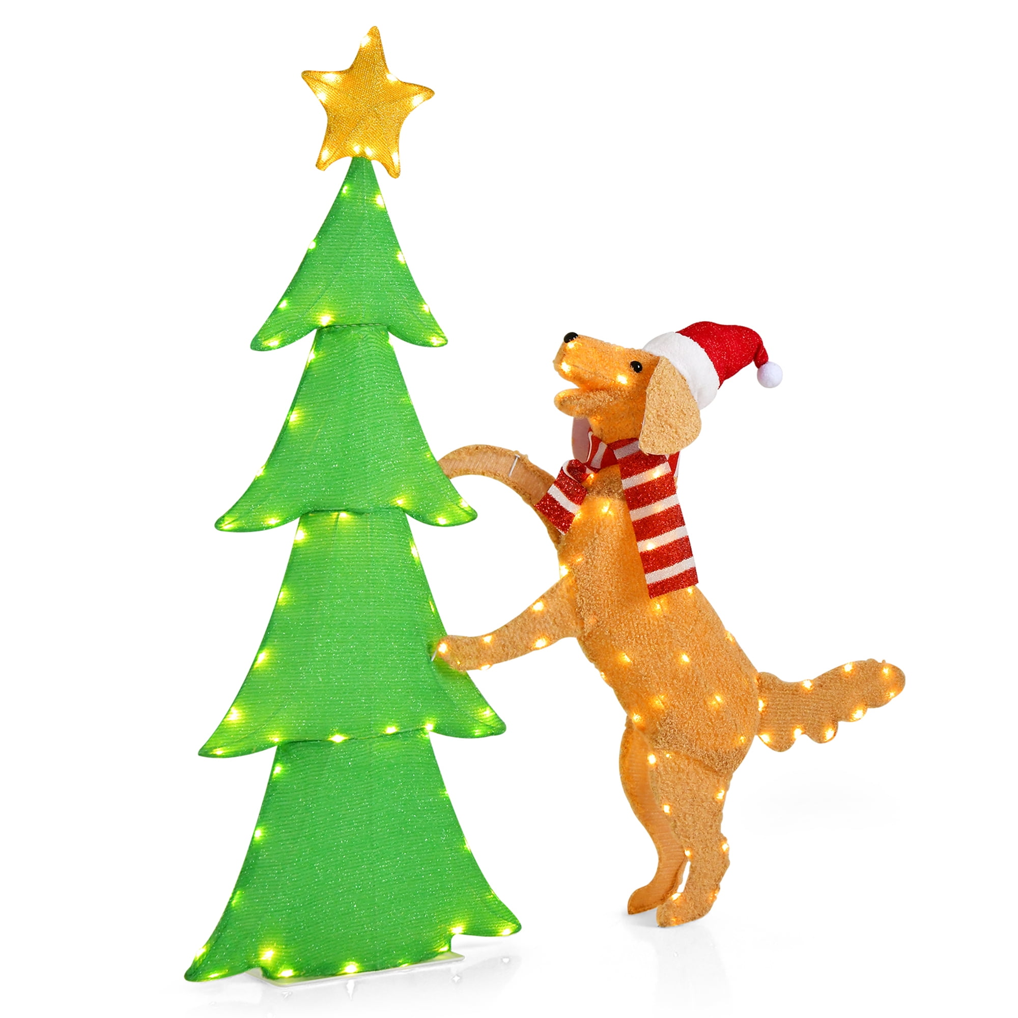 Gymax Lighted Christmas Tree & Hound Decoration 4 FT Holiday Garden ...